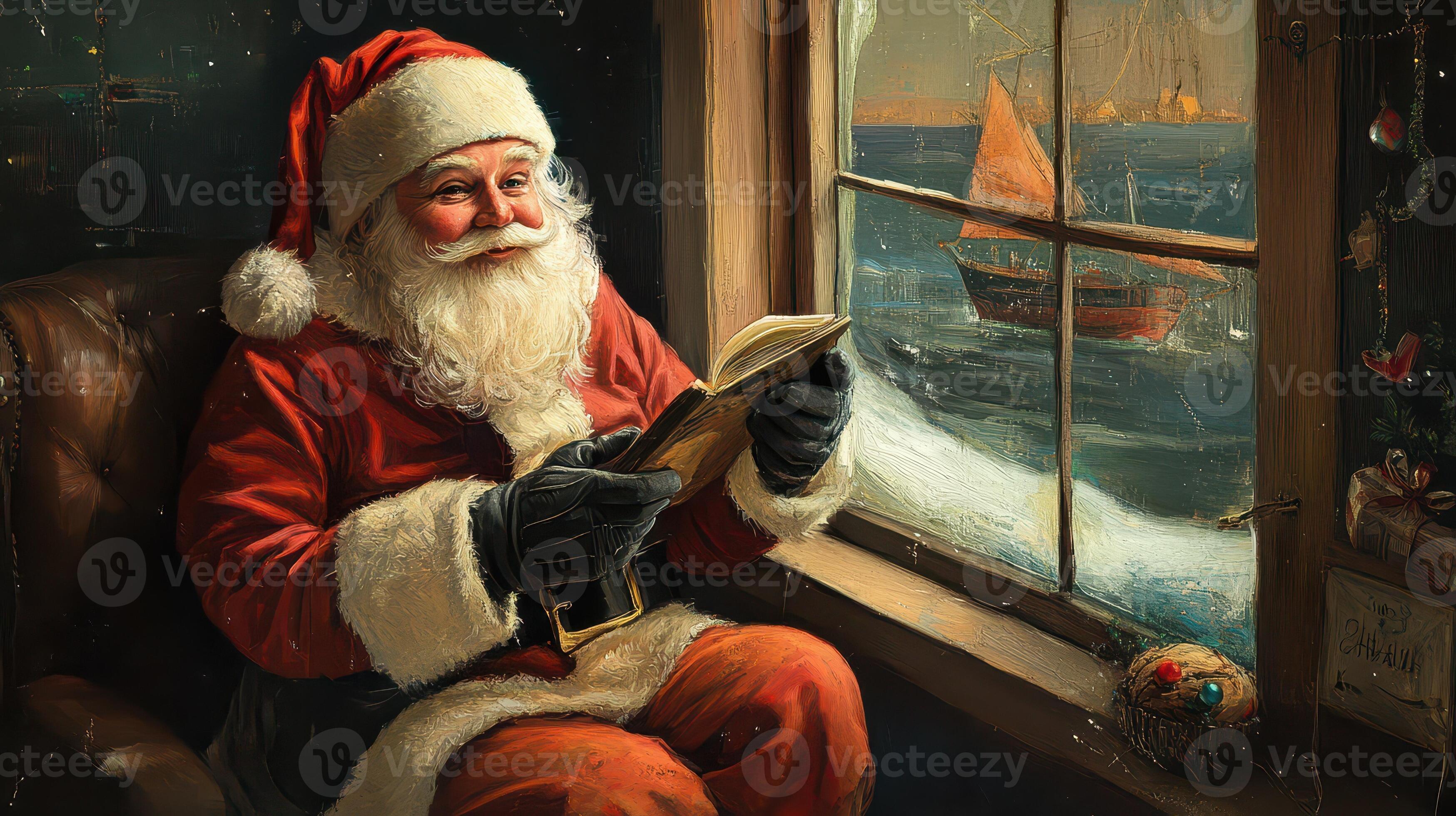 Santa claus reading a book on the window sill 53601260 Stock Photo at ...