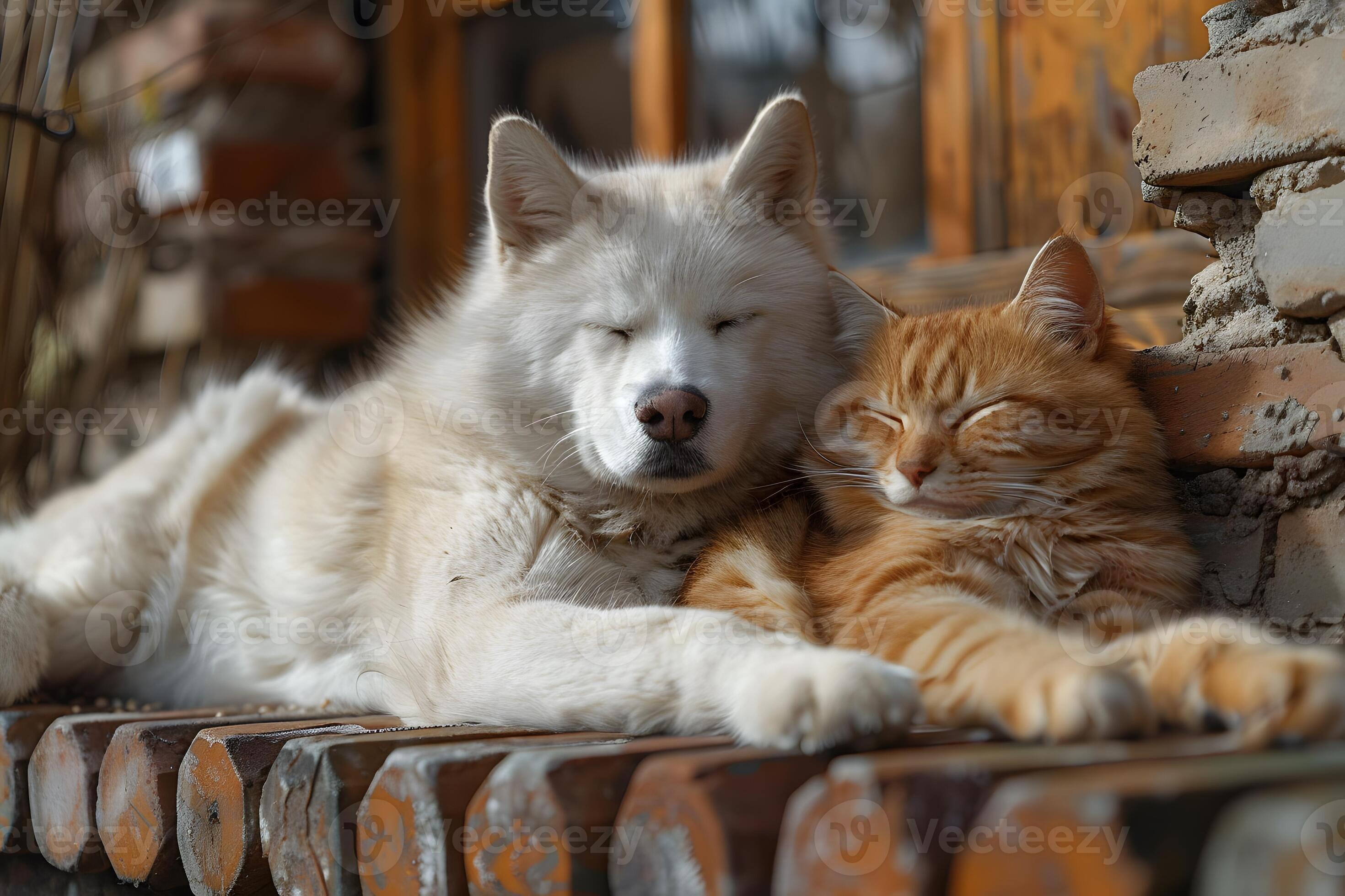 acogedor compañerismo perro y gato compartiendo un relajante momento al aire libre 53605040 Foto ...