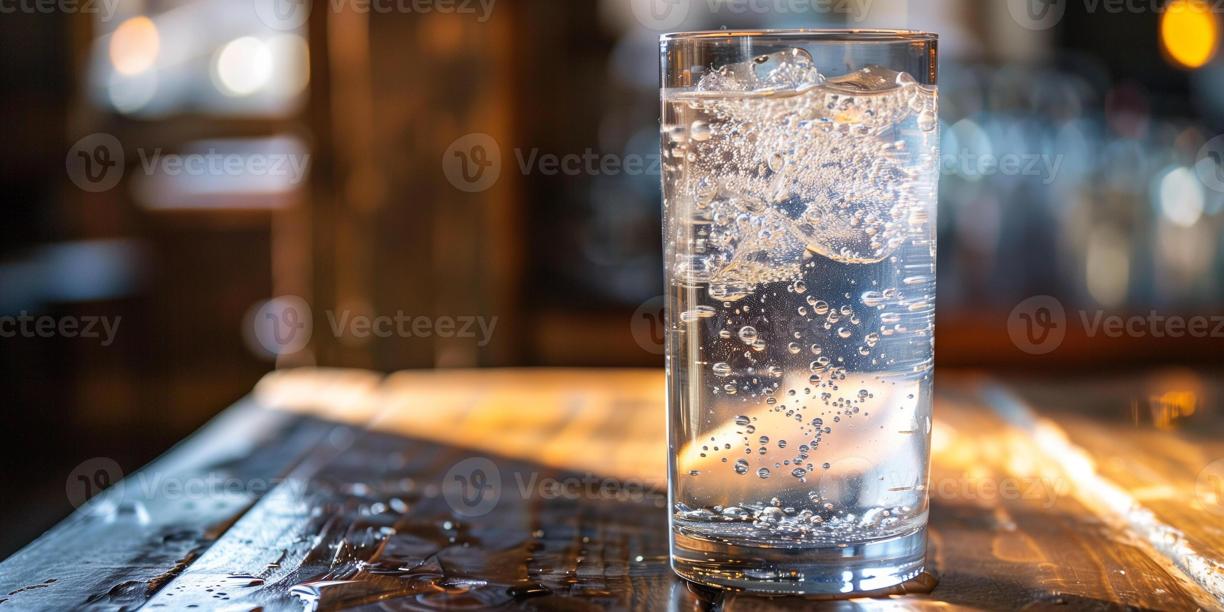 Glass of sparkling water with ice cubes and visible carbonation bubbles, on a wooden surface ...