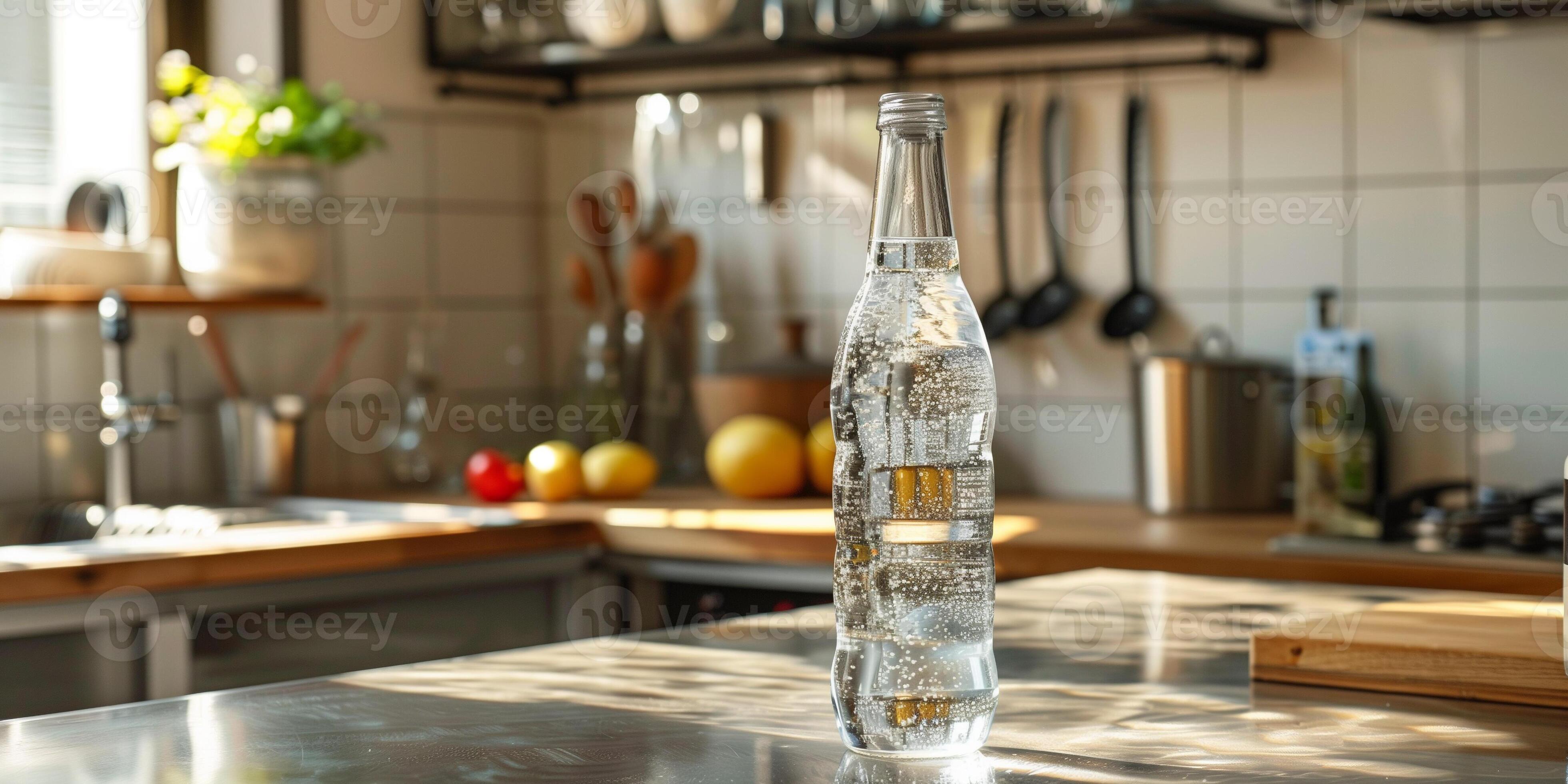 Clear bottle of sparkling water with visible carbonation bubbles, standing upright on a kitchen ...