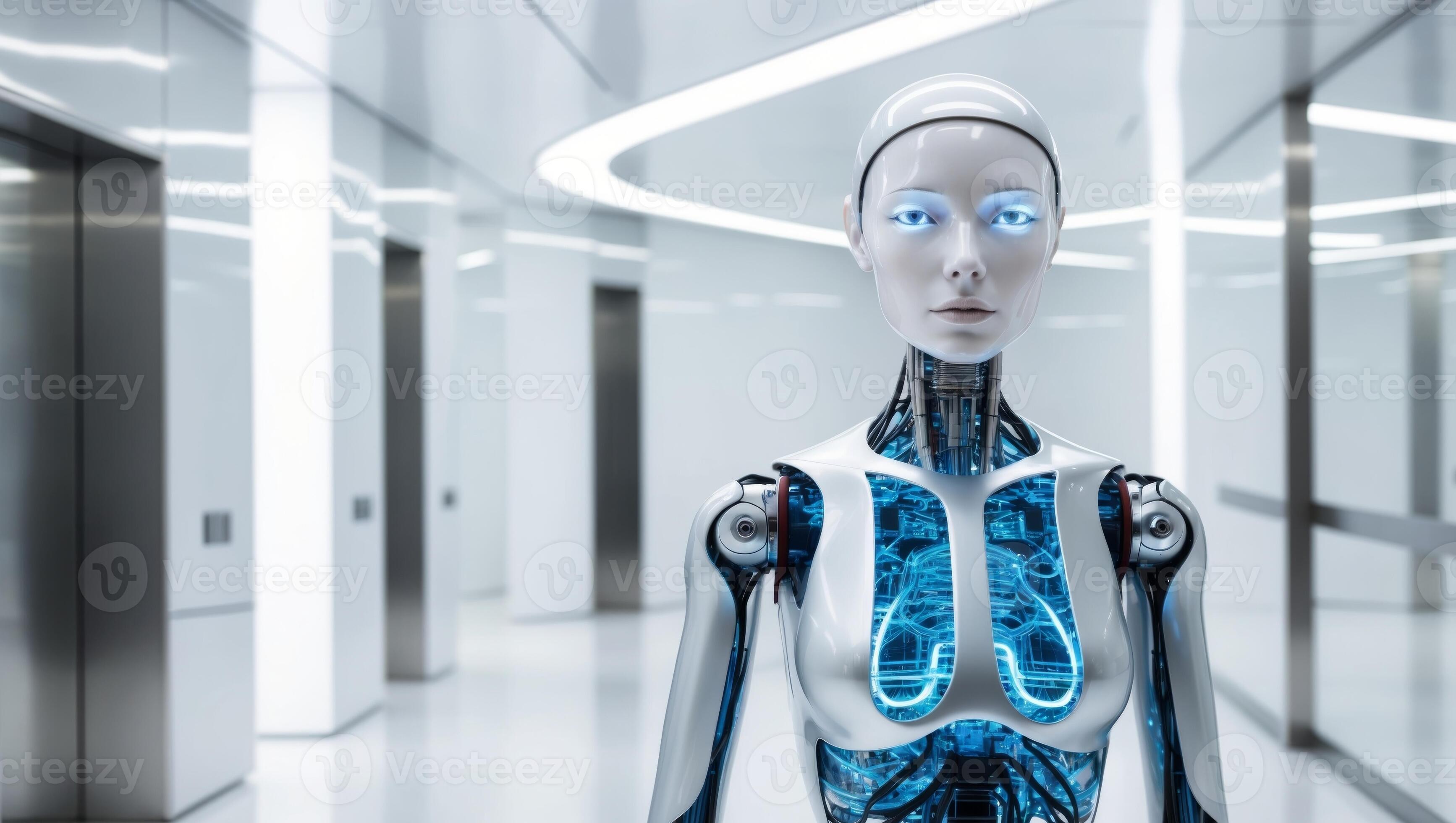 Advanced humanoid robot with exposed circuitry in a modern research facility. 53622309 Stock ...