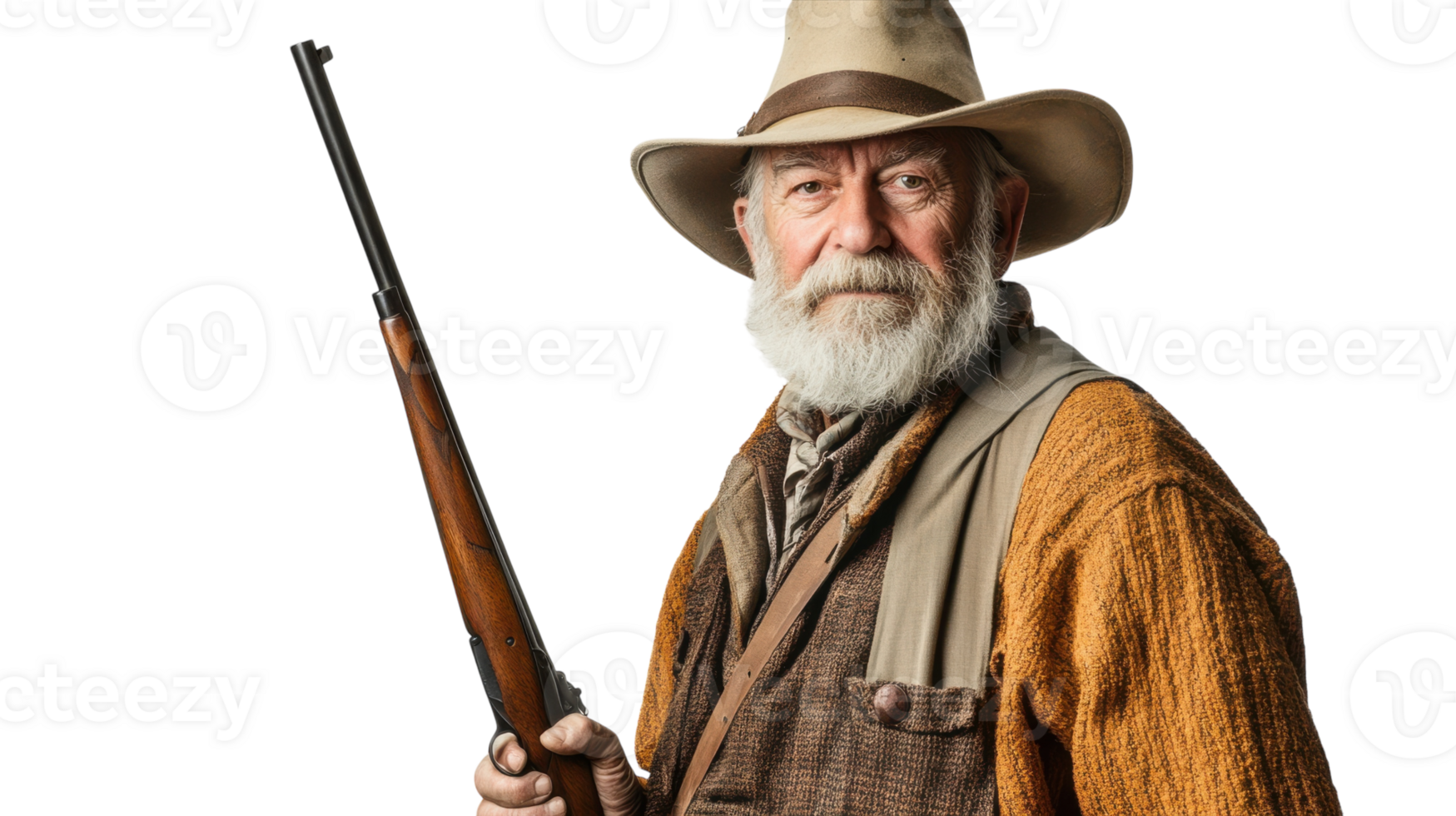 A Wise Old Man In Traditional Hunting Attire Posing With A Rifle Perfect For Outdoor And