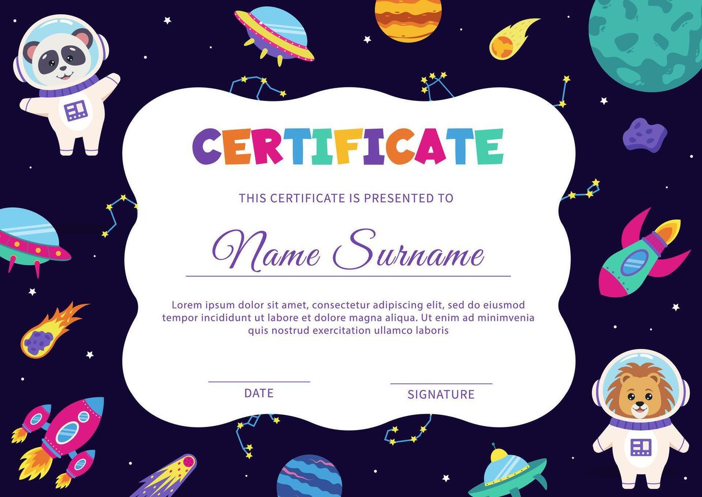 Certificate with space elements and animals astronauts. Space concept ...
