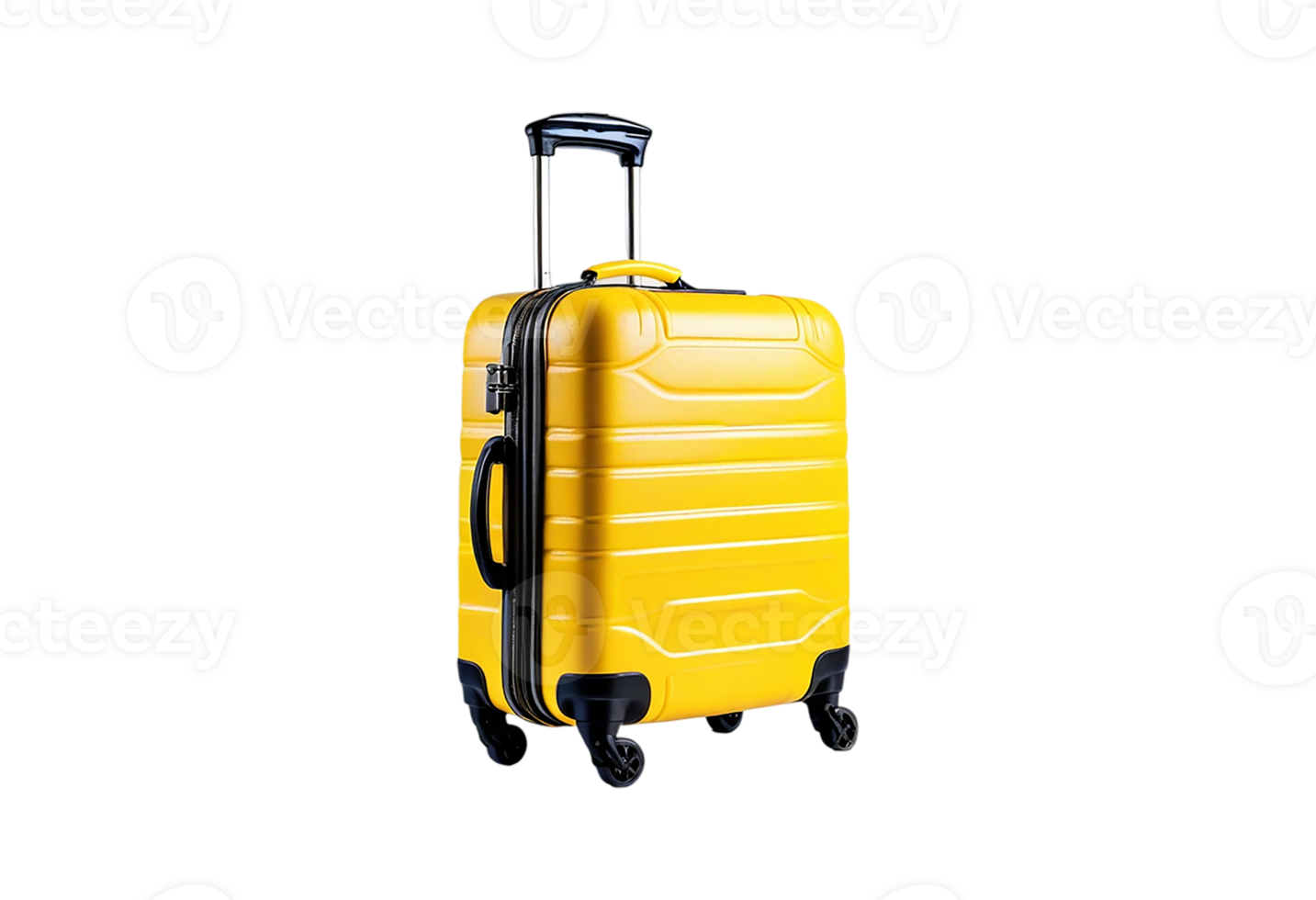 A bright yellow hard-shell rolling suitcase against a pure transparent background. 53688449 PNG