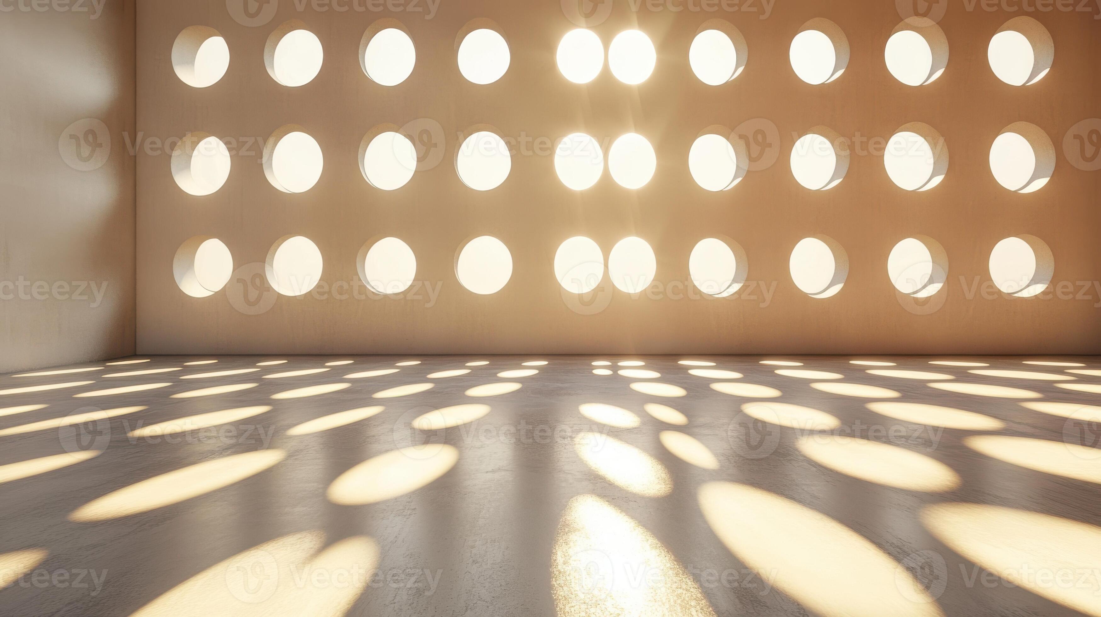 Circular light spots and shadows from perforated panels, abstract and playful design. Light ...