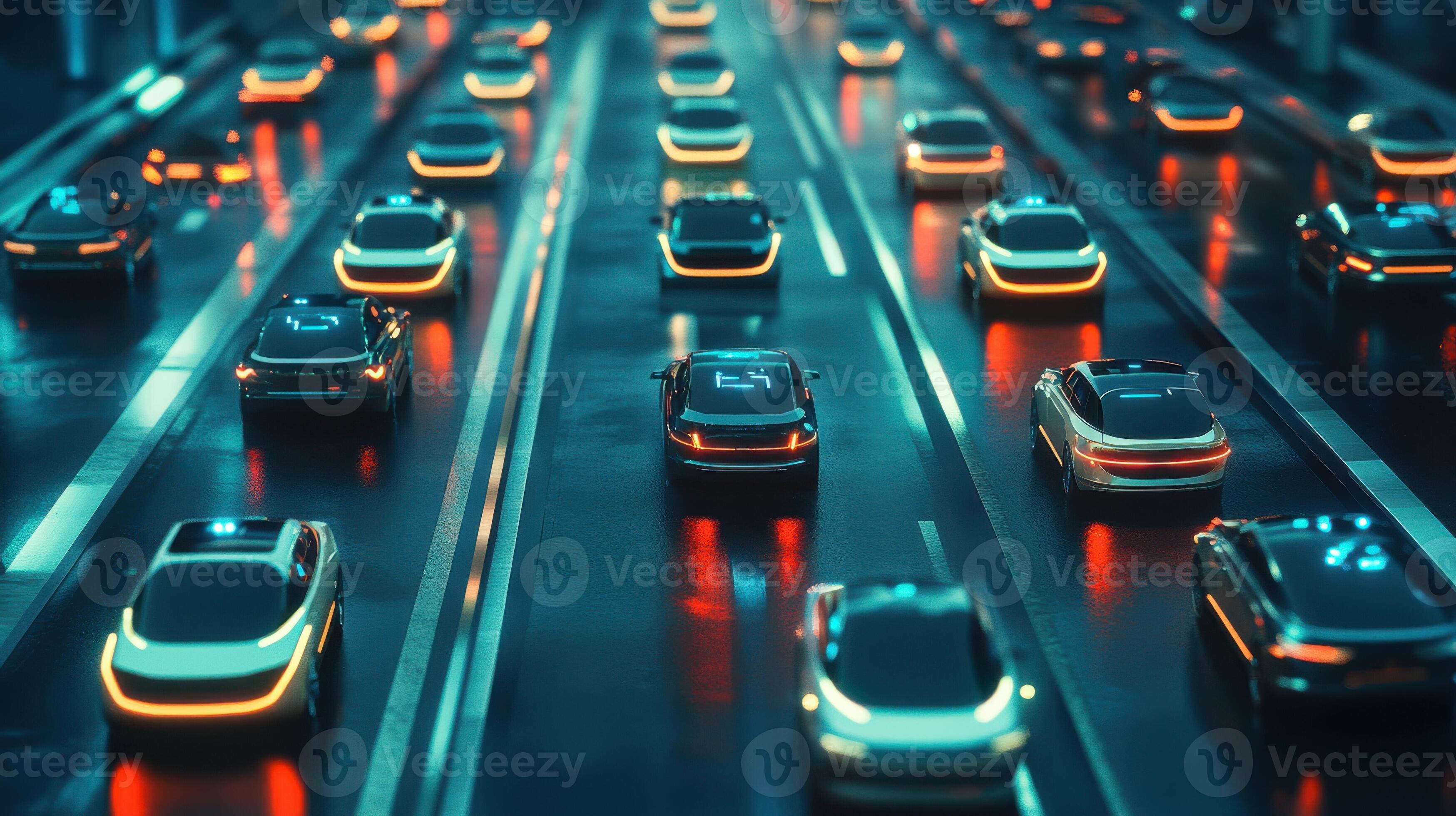 Robotic cars in sync on busy highway, showcasing flawless autopilot ... Robotic cars in sync on busy highway, showcasing flawless autopilot ...