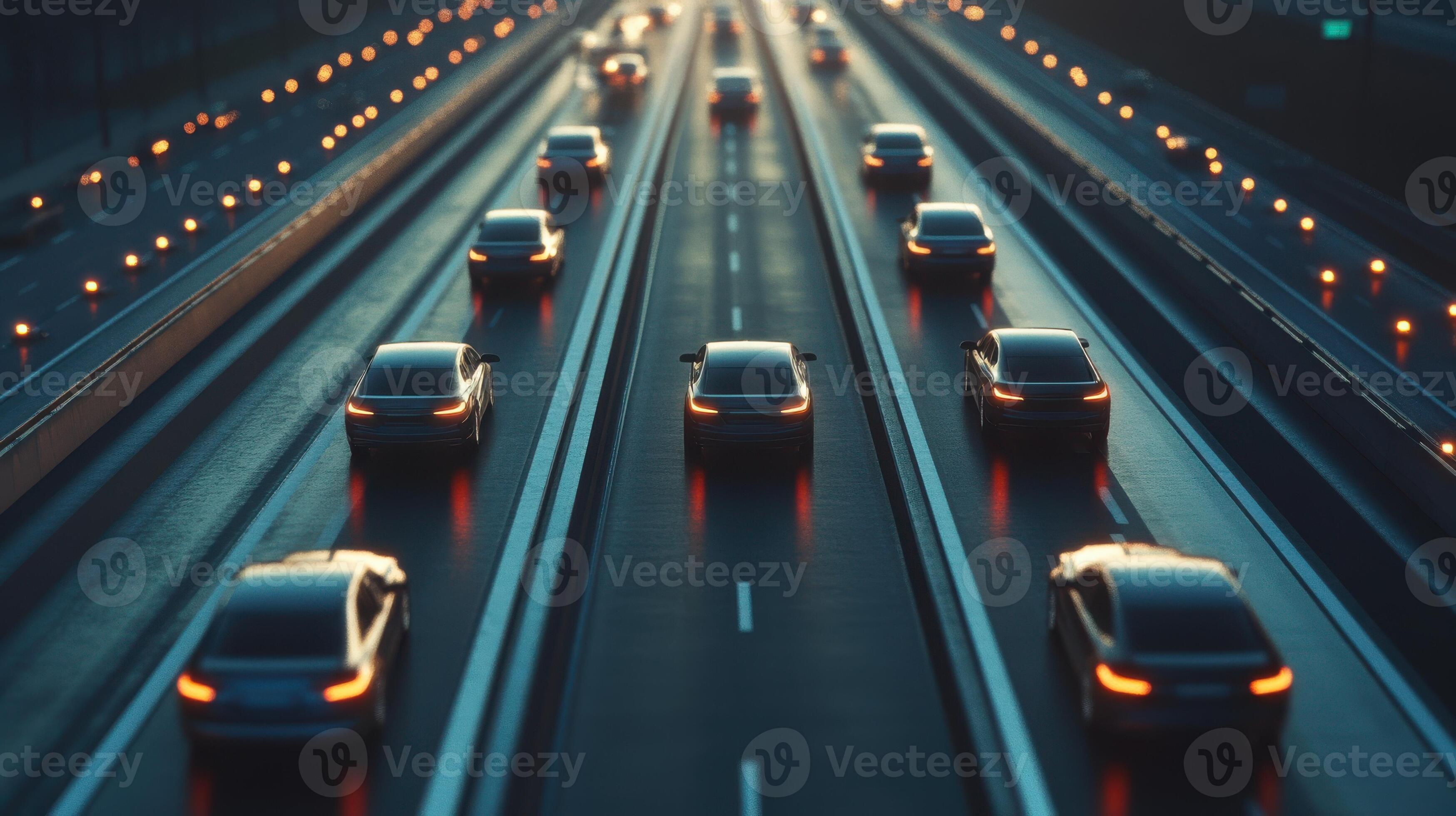 Robotic cars on synchronized highway, perfect autopilot and tech integration. Robotic cars ...