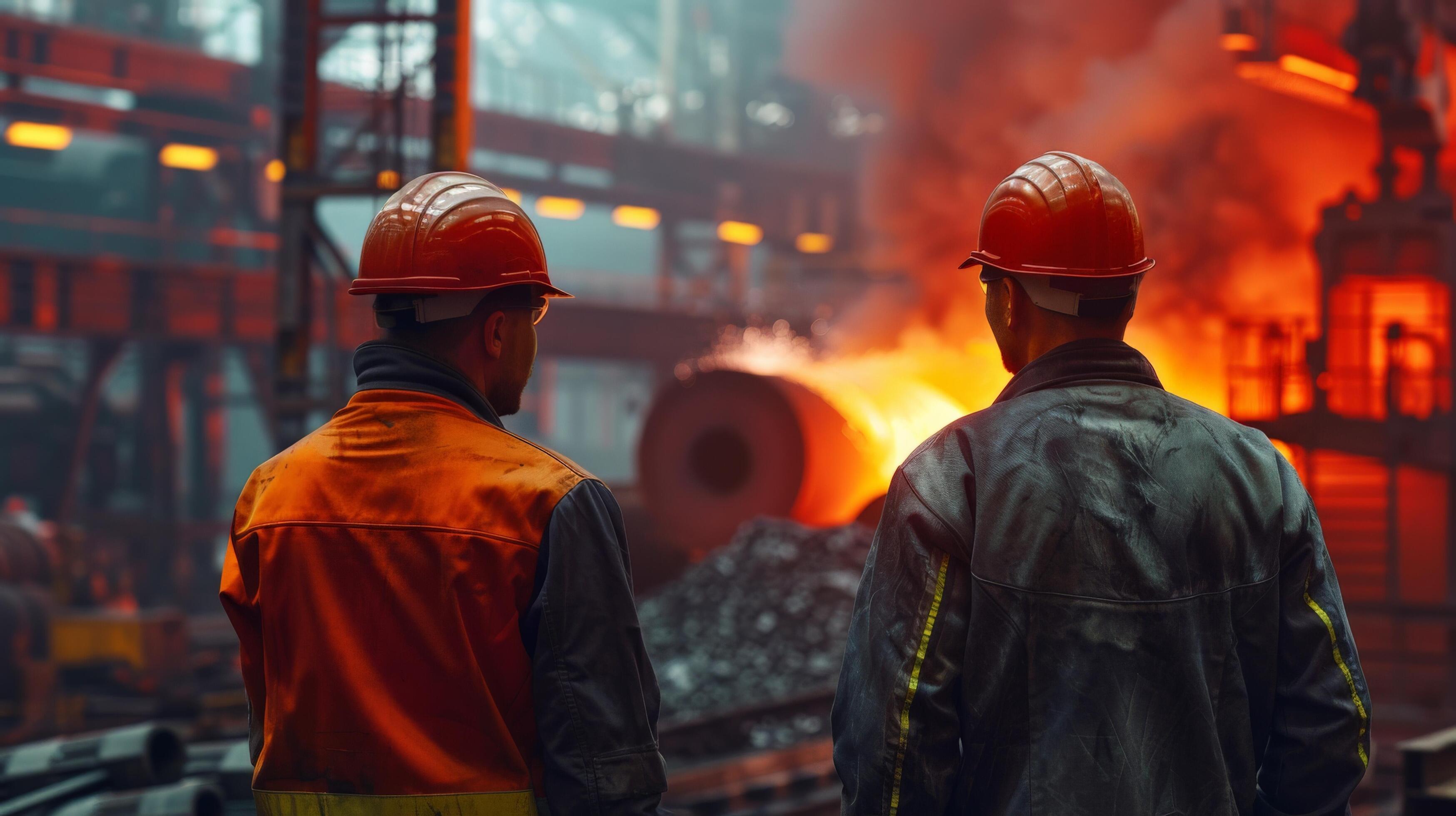 Two steelworkers in hard hats and protective gear watch a molten metal being poured in a steel ...