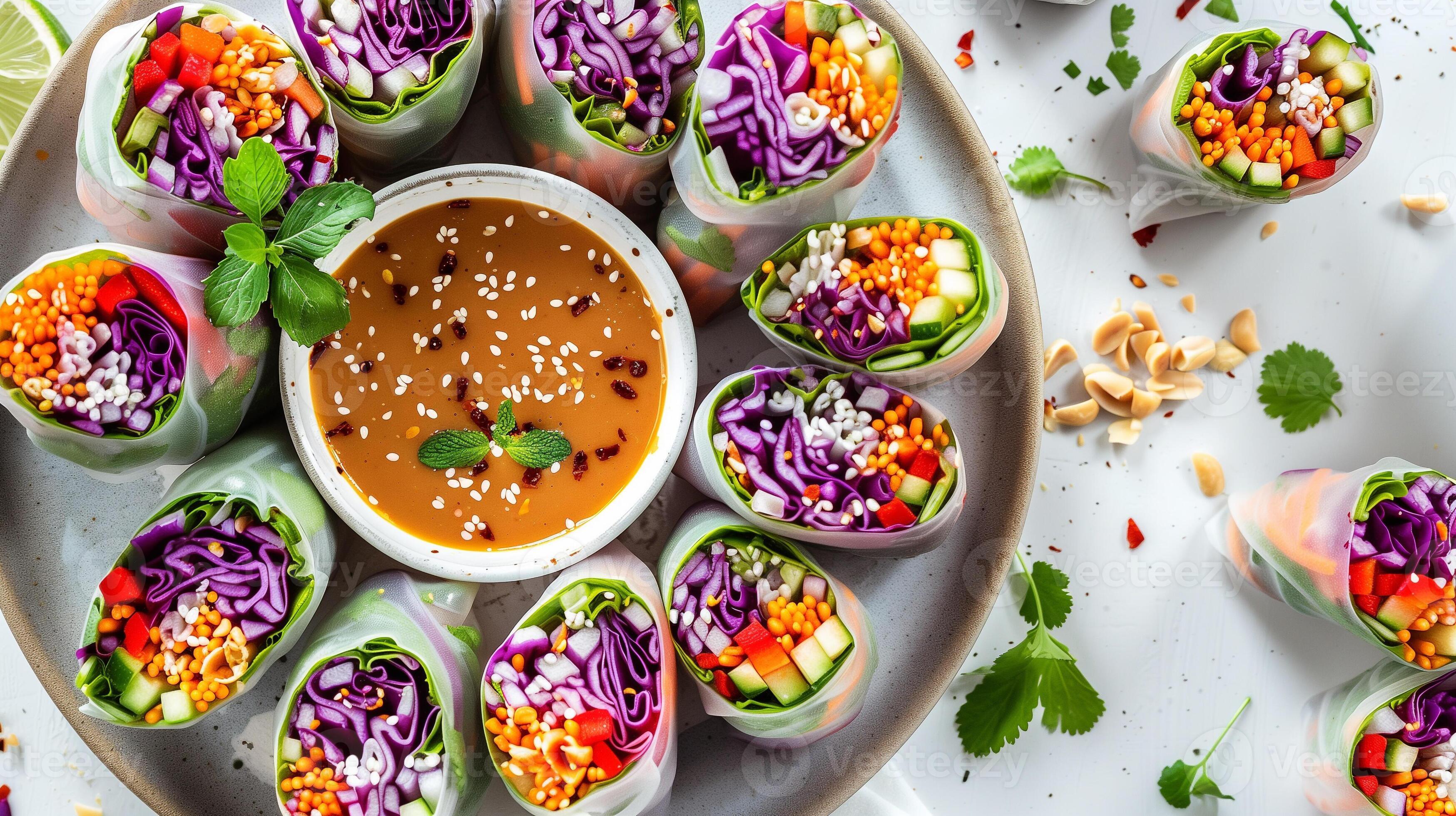 Platter of dairy-free spring rolls filled with colorful vegetables ...