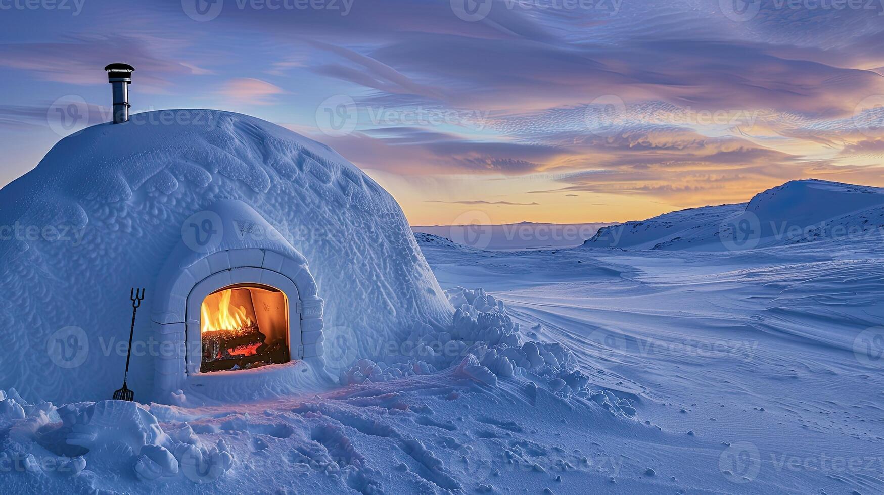 A snow covered igloo with a fire inside 53703097 Stock Photo at Vecteezy