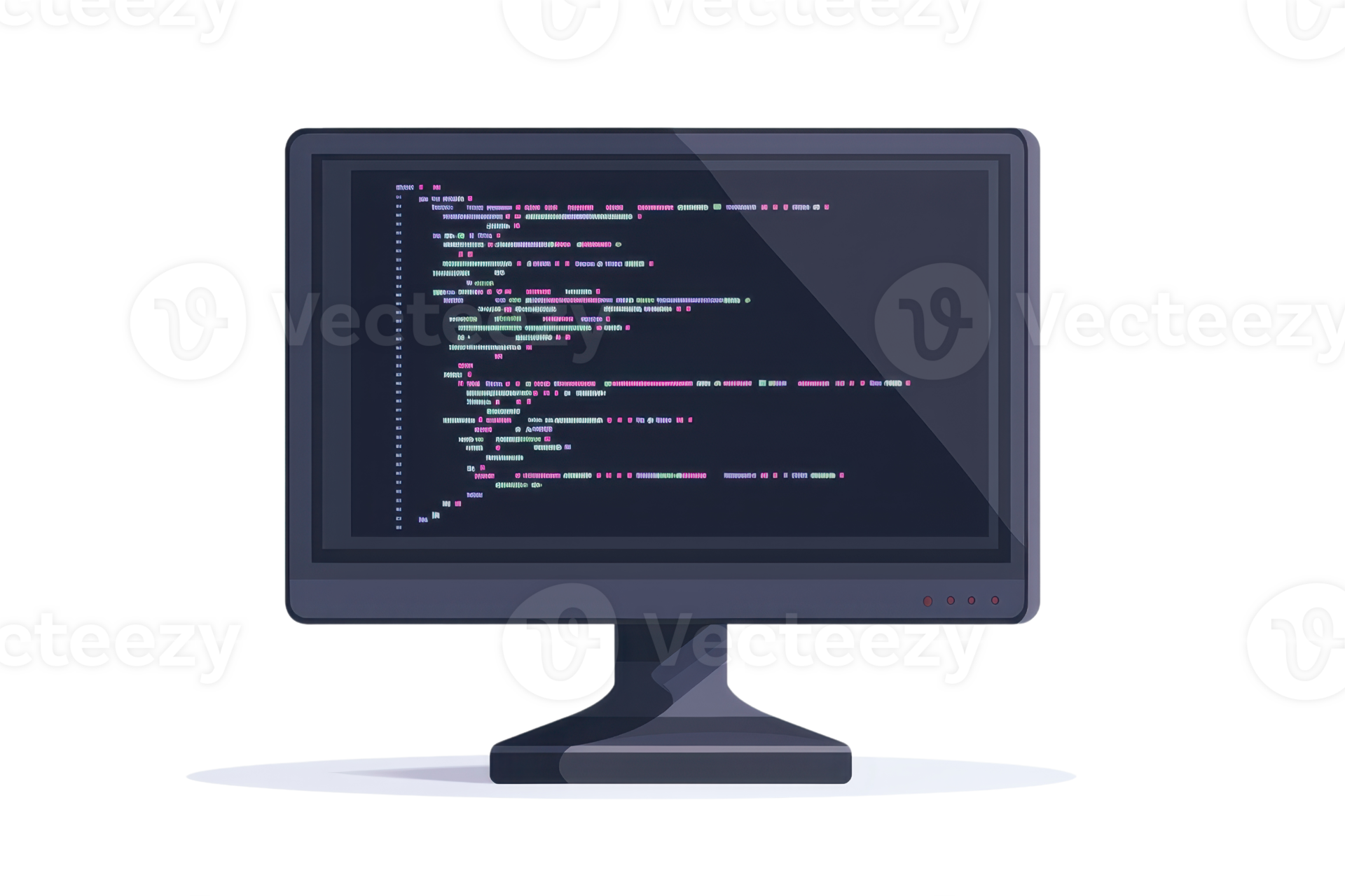 A sleek computer monitor displaying colorful code on a transparent background. symbolizing ...