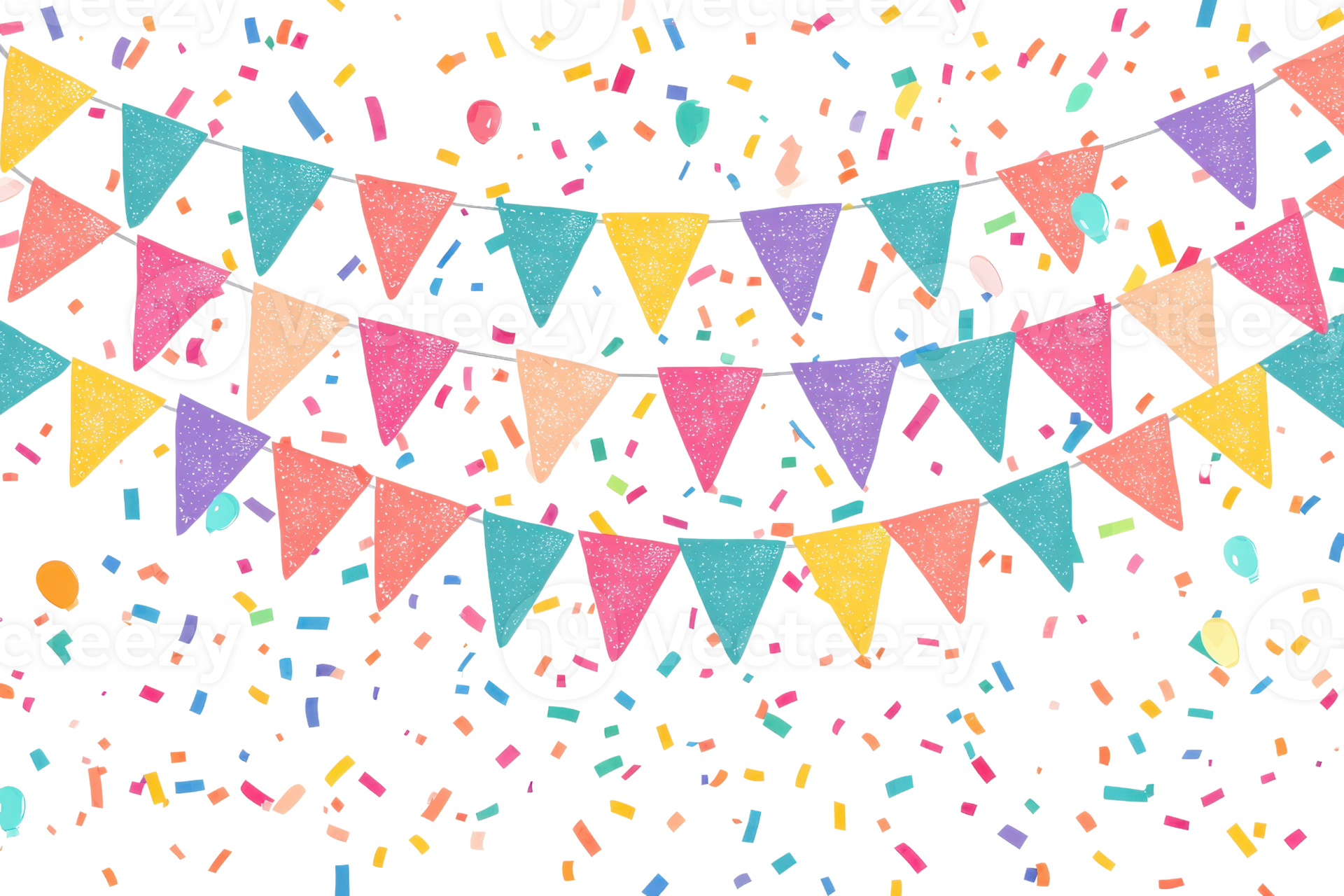 Colorful festive background with bright pennant banners and confetti ...