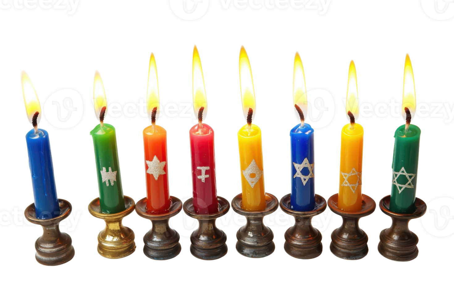 vistoso Menorah con iluminado velas, símbolos en cada vela ...