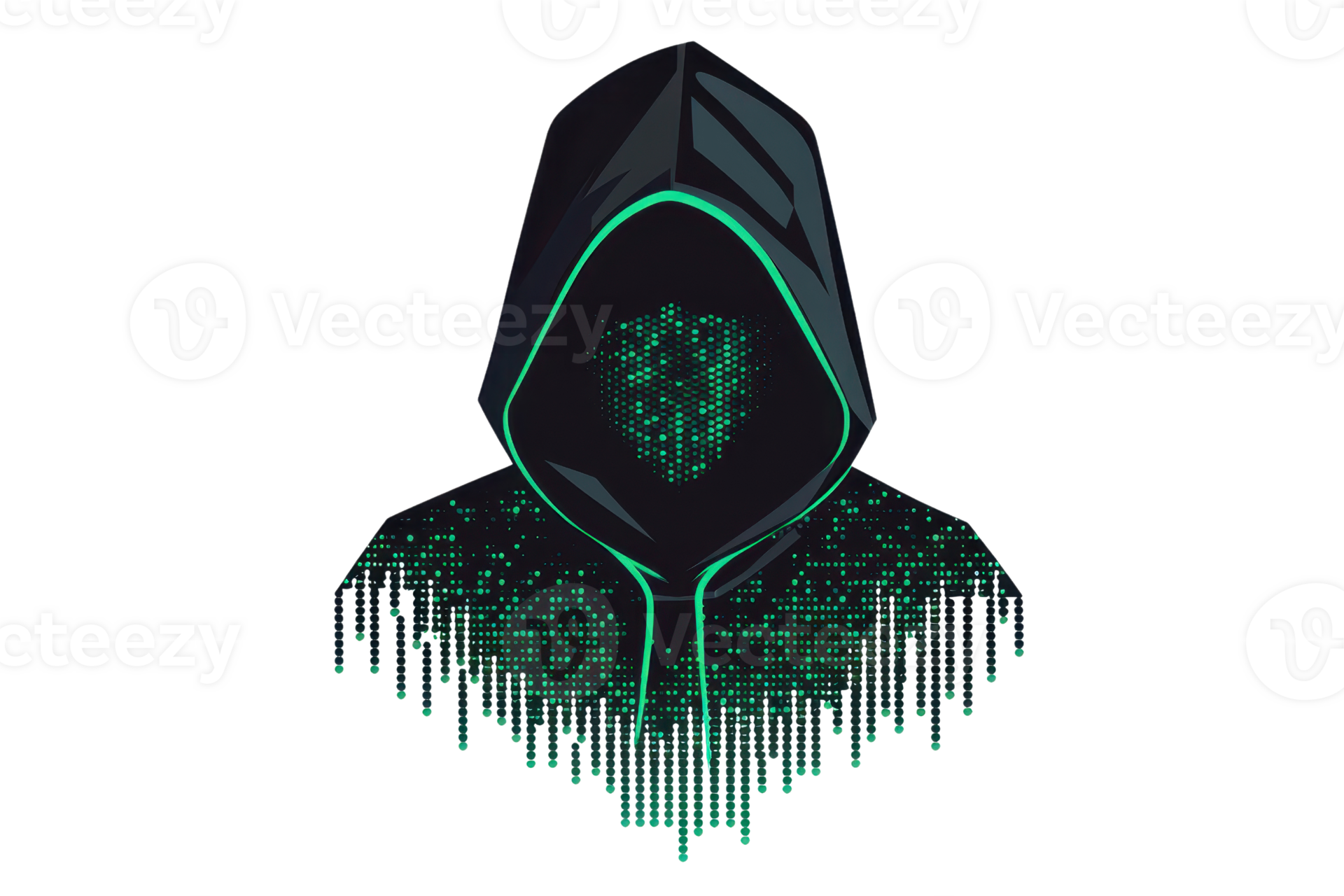 Mysterious digital figure in a hooded cloak with a heart-shaped matrix face, symbolizing cyber ...