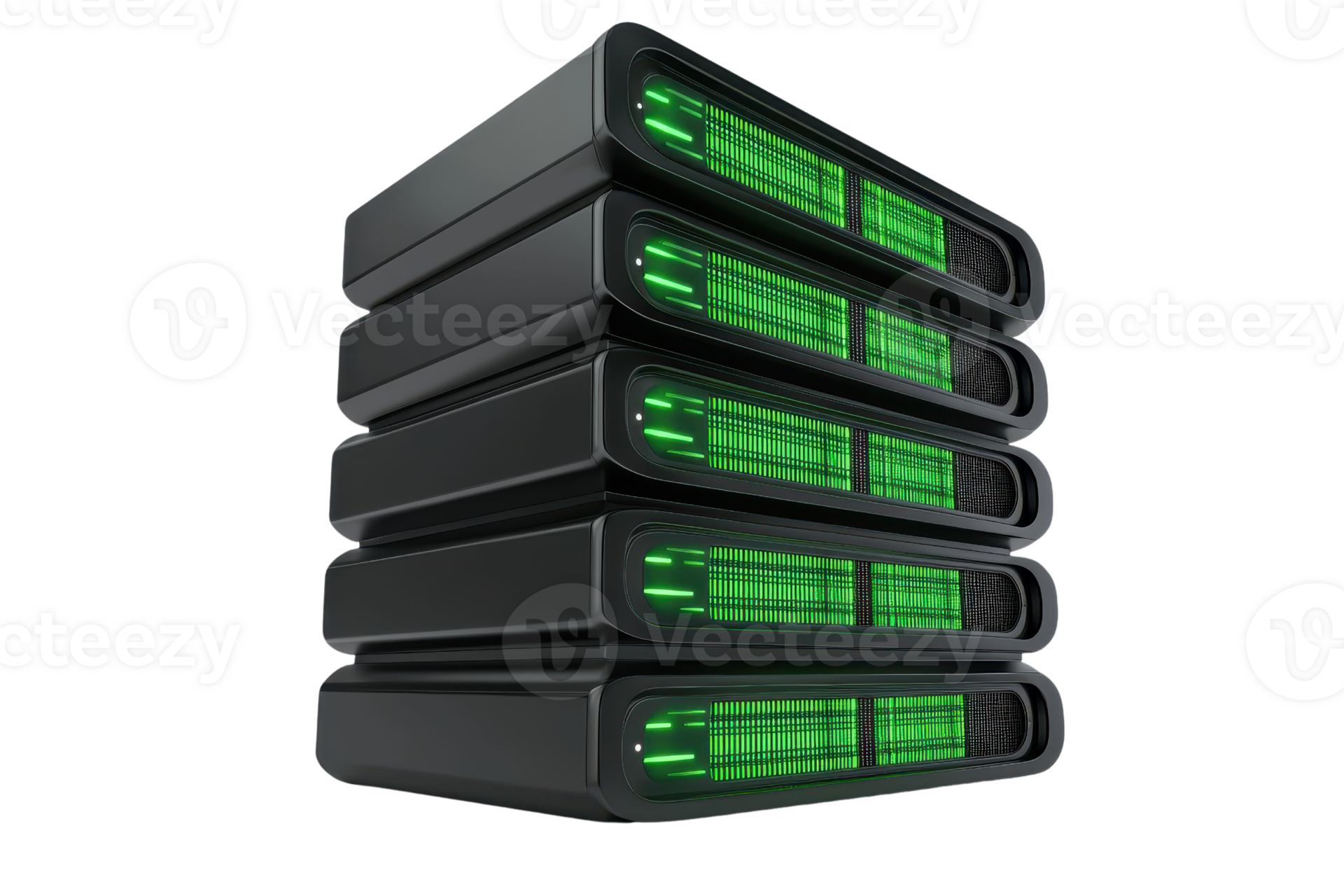 Stack of modern black servers with glowing green lights, symbolizing ...