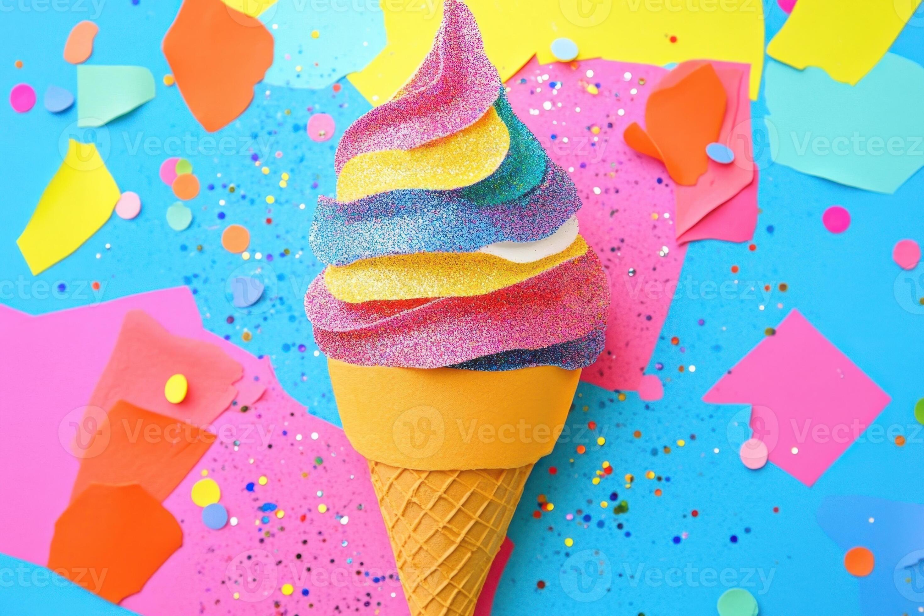 Rainbow Glitter Ice Cream Cone On Colorful Background 53728397 Stock ...
