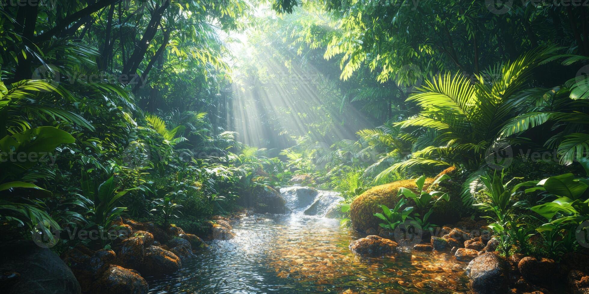 Lush Tropical Rainforest Stream Sunbeams 8K Nature Scene 53729848 Stock ...