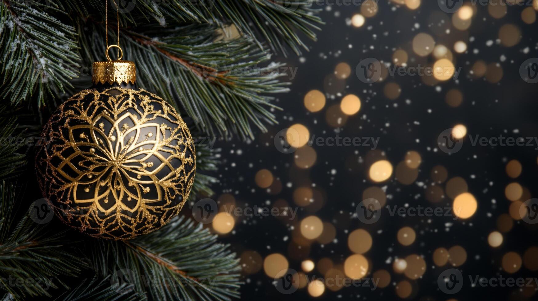 Black and Gold Christmas Ornament Hanging on Pine Branch with Bokeh ...