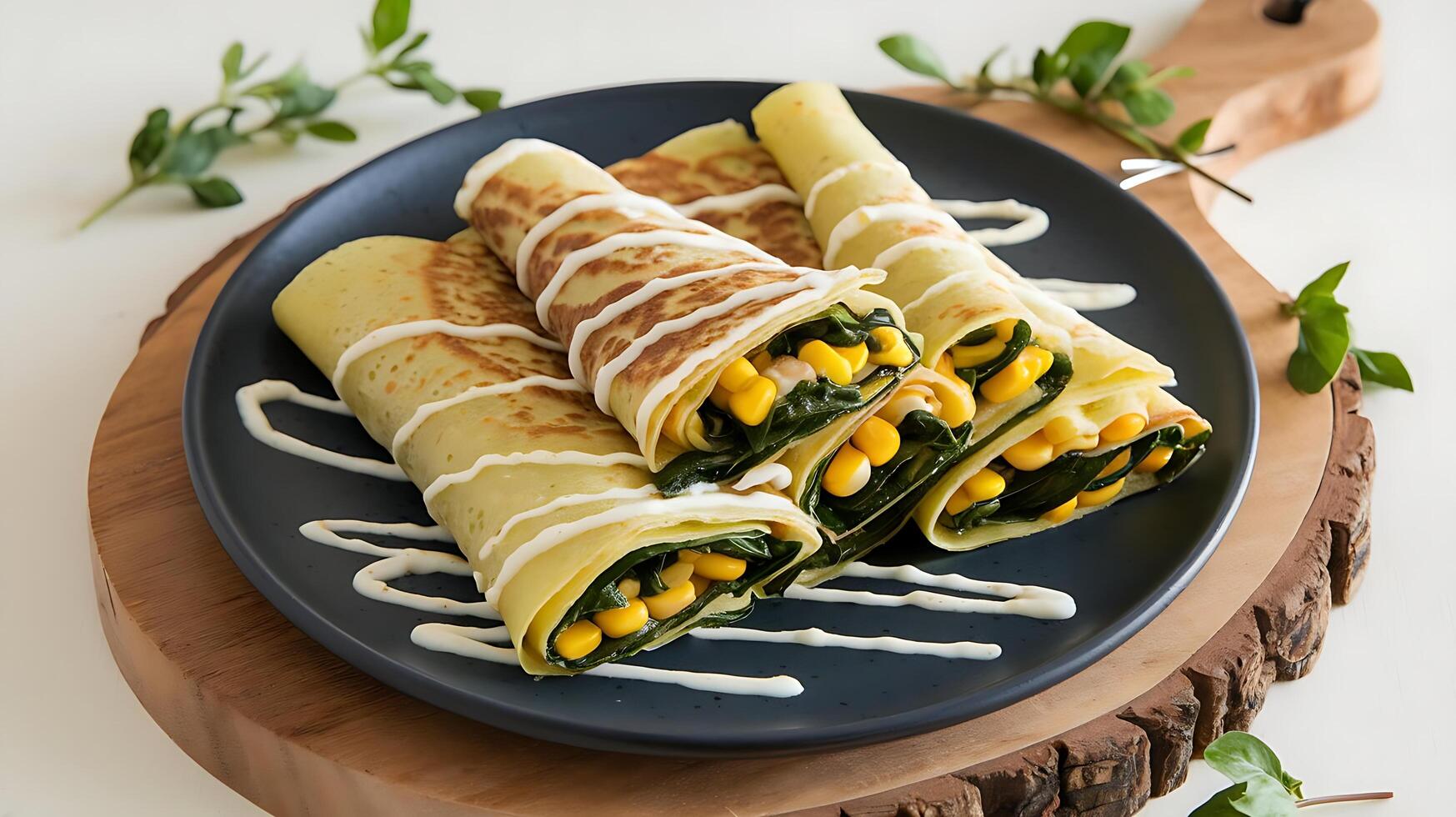 A plate with three crepes with corn and spinach 53741216 Stock Photo at Vecteezy