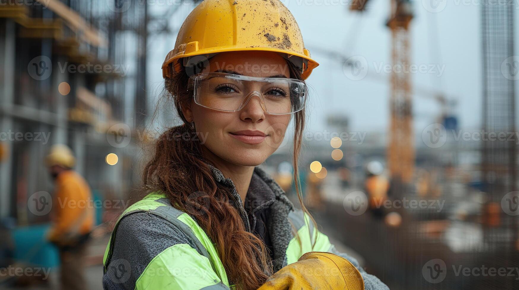 Young engineer smiles confidently while wearing safety gear on a bustling construction site ...