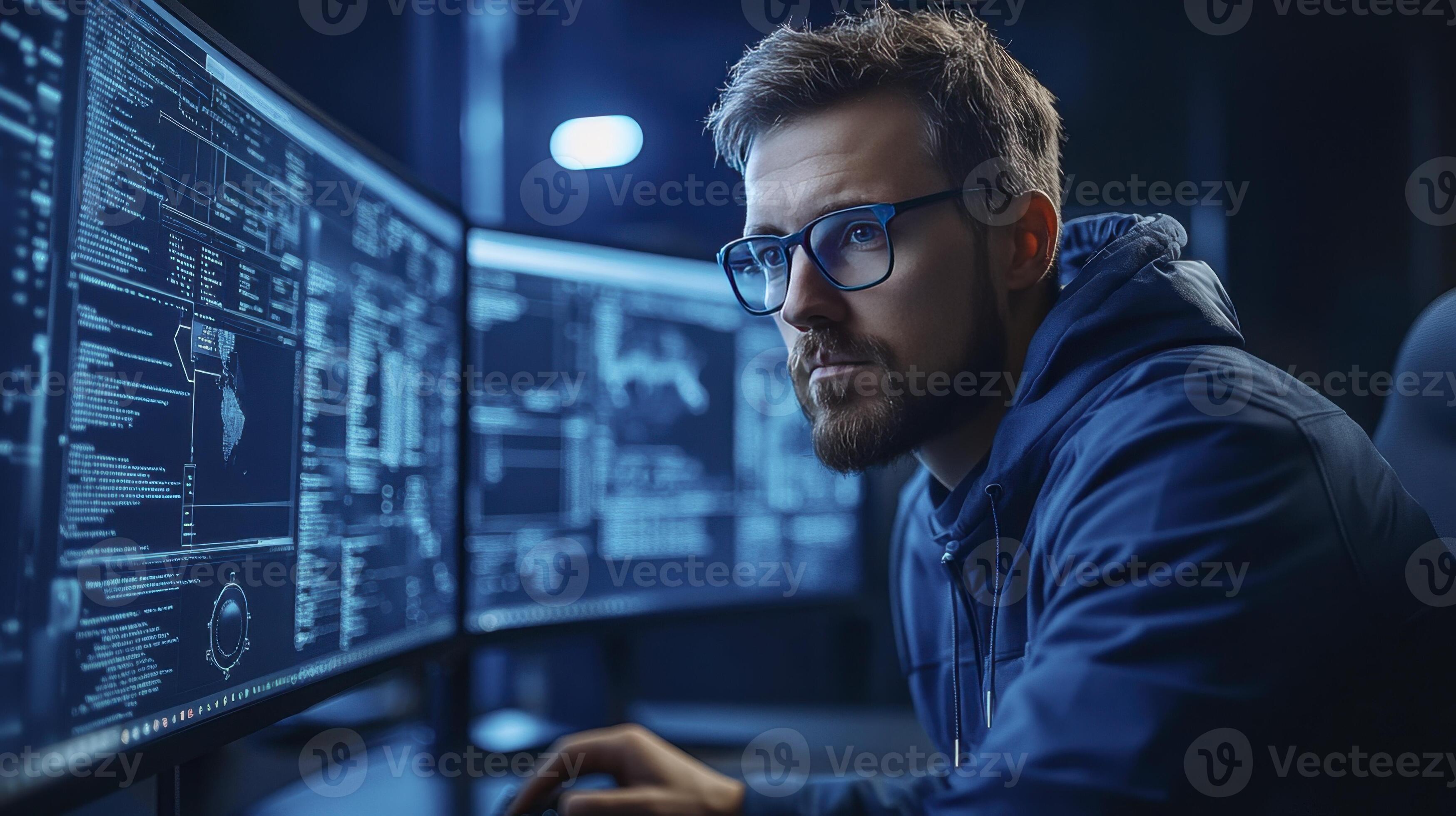 Focused Programmer Cybersecurity Expert Coding Data Analysis System