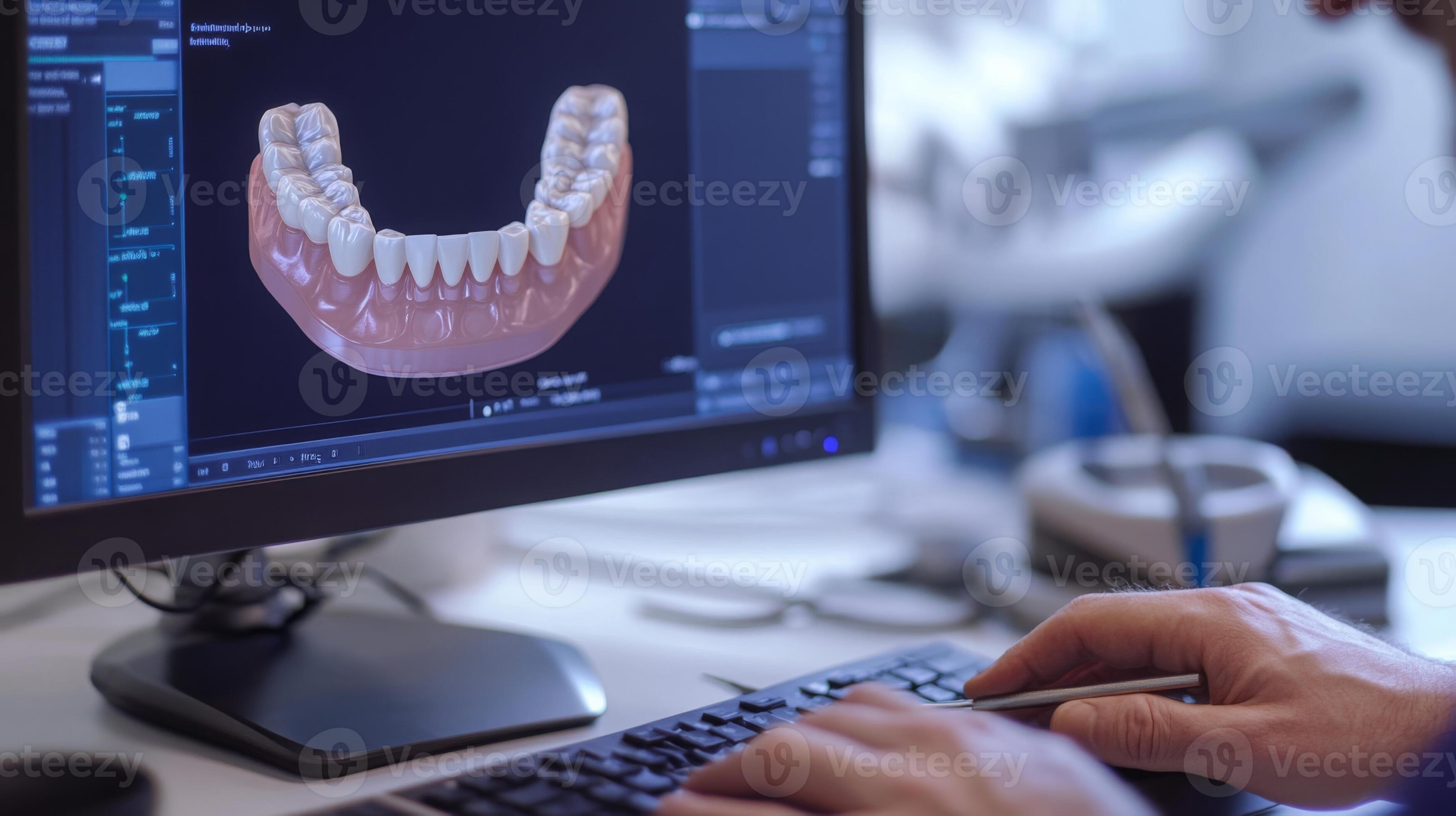 A dentist uses advanced digital tools to analyze a detailed 3D model of a dental arch on a ...