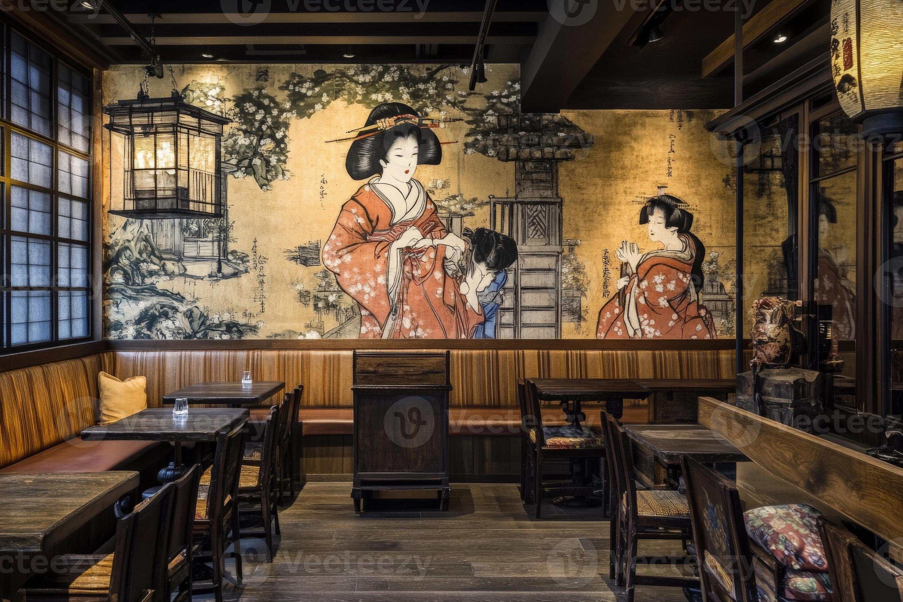 Traditional japanese restaurant interior with geisha wall art and ...