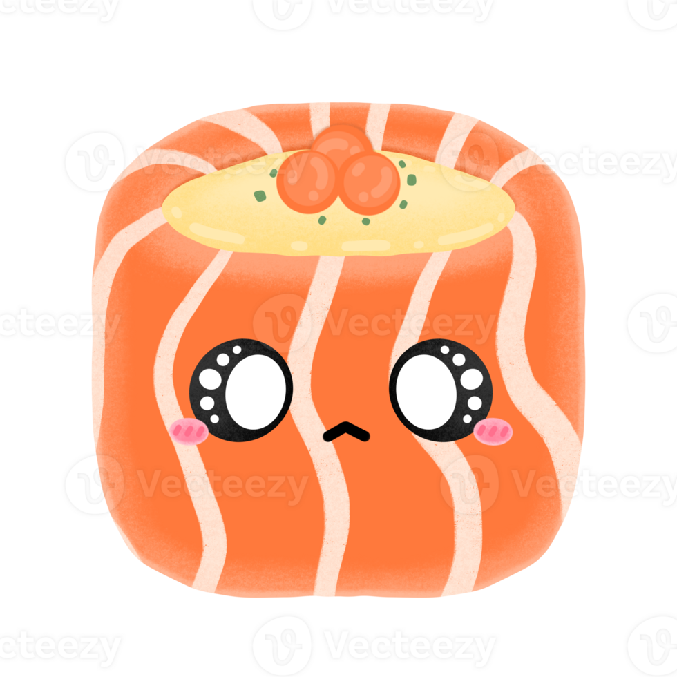 Cute Salmon Roll Mascot Character Kawaii Cartoon Salmon Roll With Topping Mayonnaise And Ikura