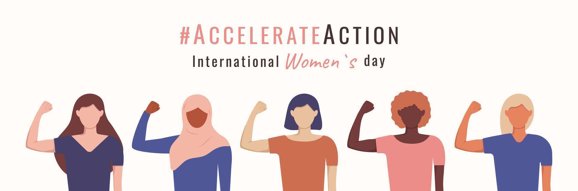 Accelerate Action 2025 banner with girls variety of ethnicity. International Women's day 8 March ...