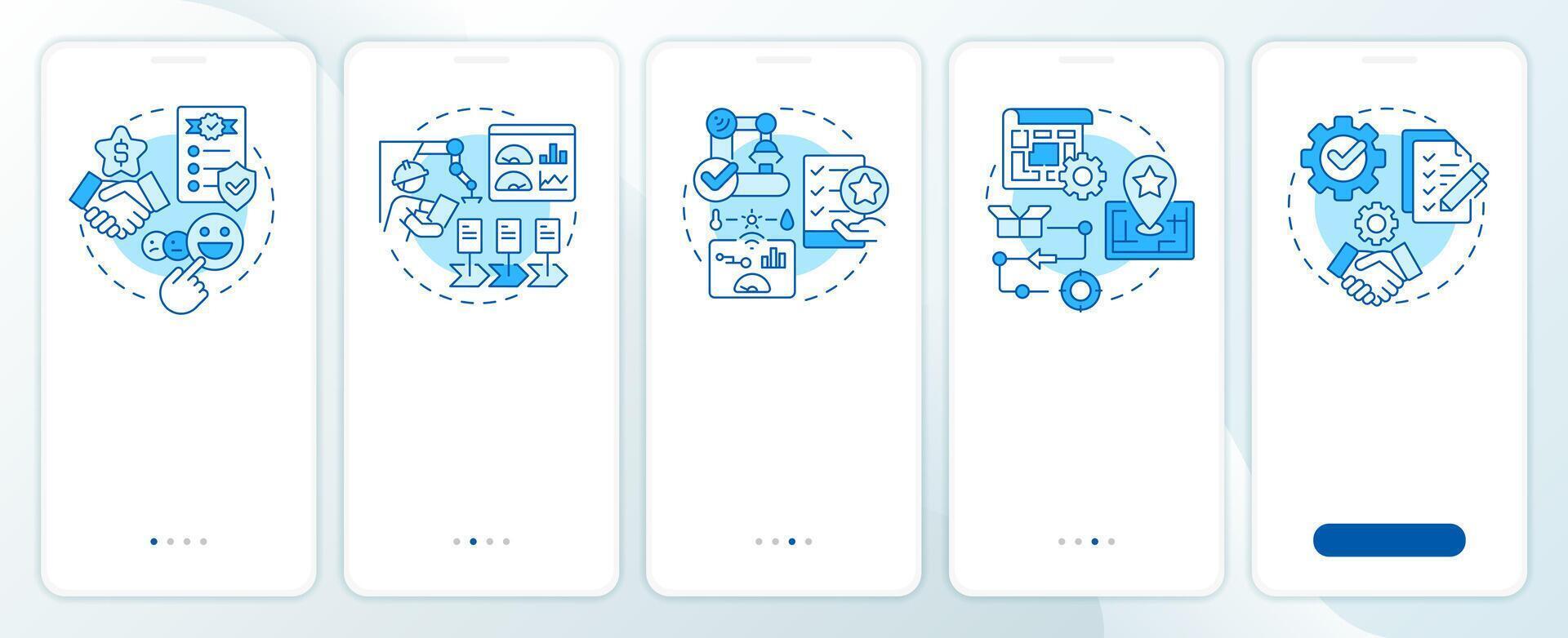 Choosing Contract Manufacturer Blue Onboarding Mobile App Screen Walkthrough 5 Steps Editable