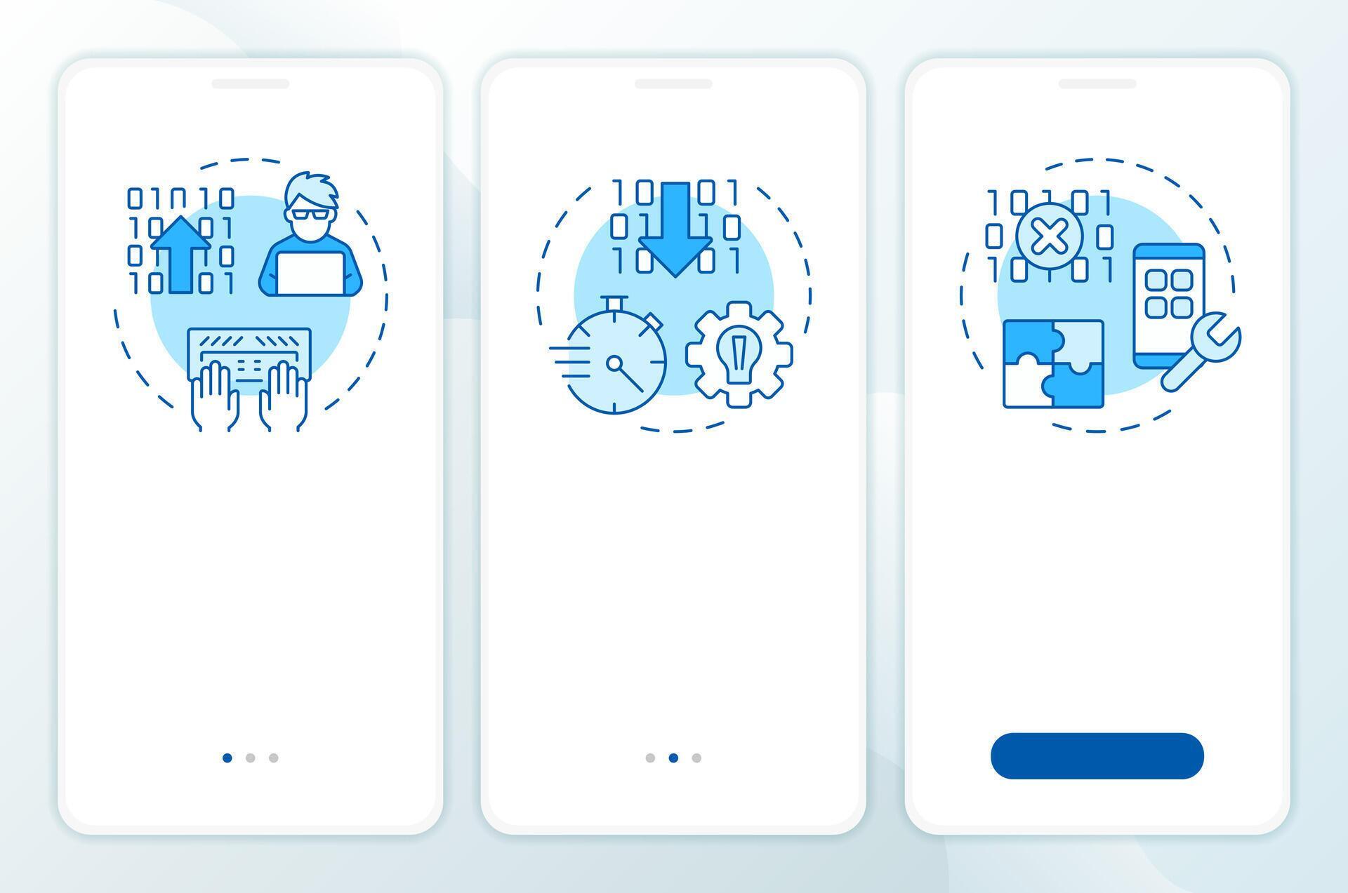 App Development Approaches Blue Onboarding Mobile App Screen Rpa Walkthrough 3 Steps Editable