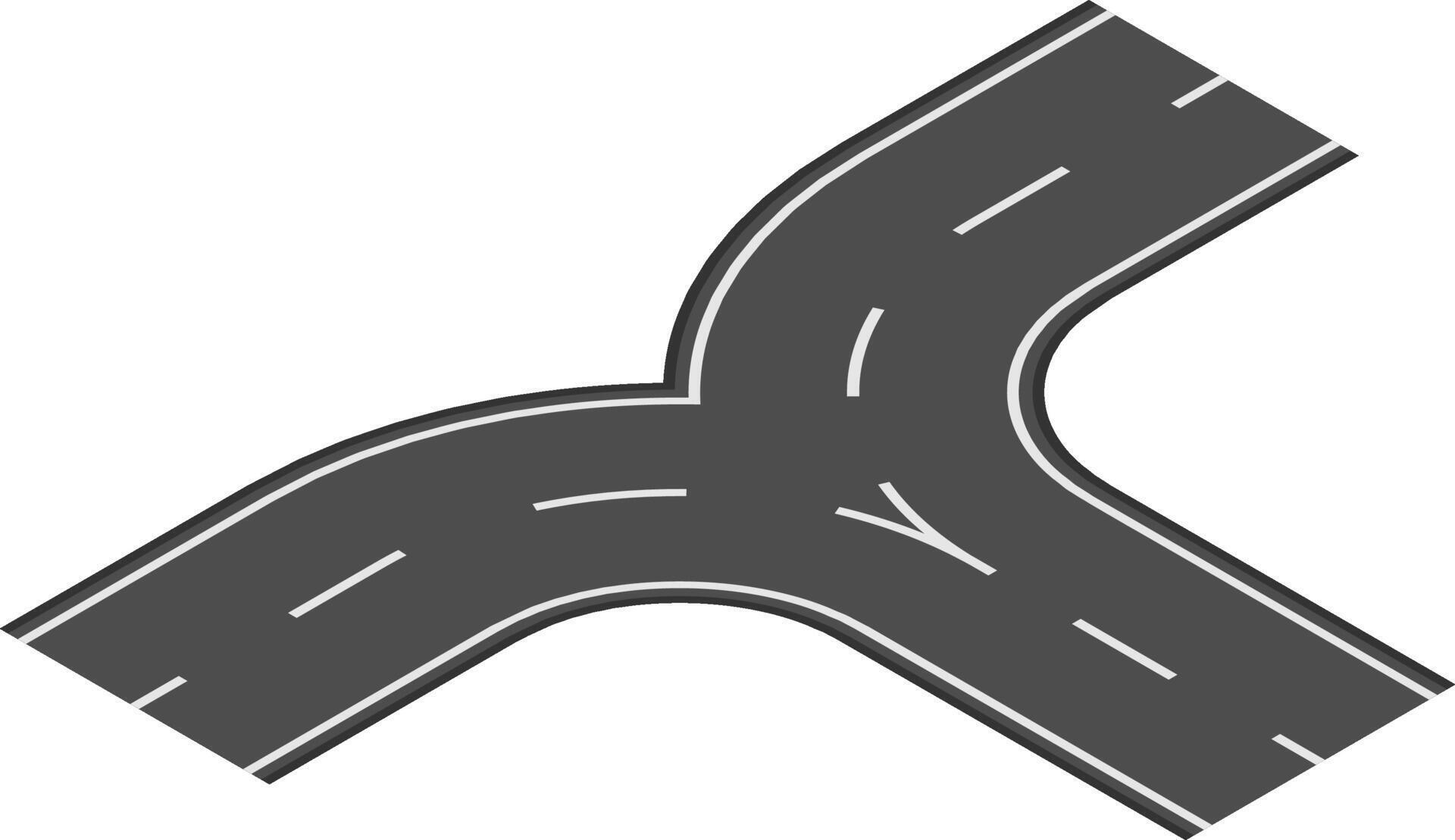 Y shaped highway intersection joining two curved roads with white dashed lines on dark gray ...