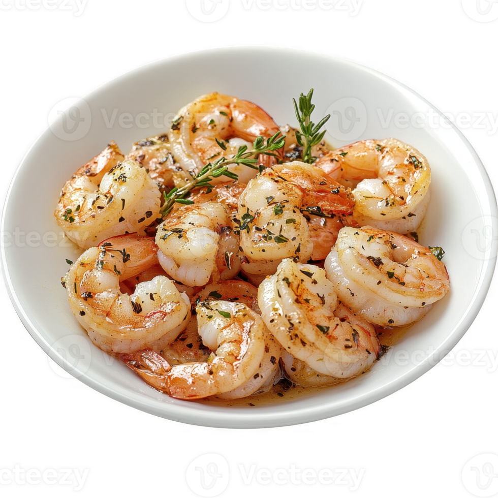 Delicious Grilled Shrimp Garnished With Herbs Served In A White Bowl 53812818 Png