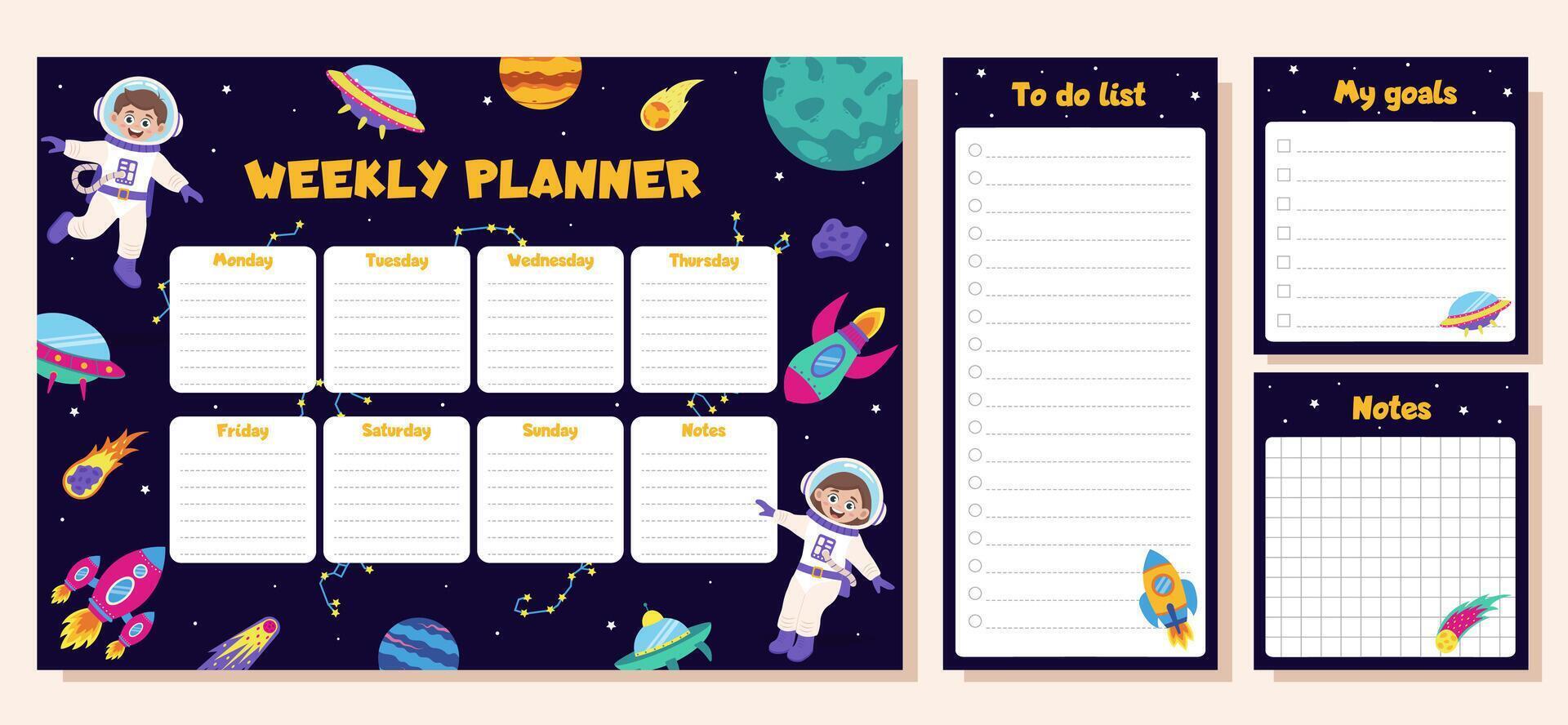 Space set of weekly planner, to do list, goals and notes. Set with ...