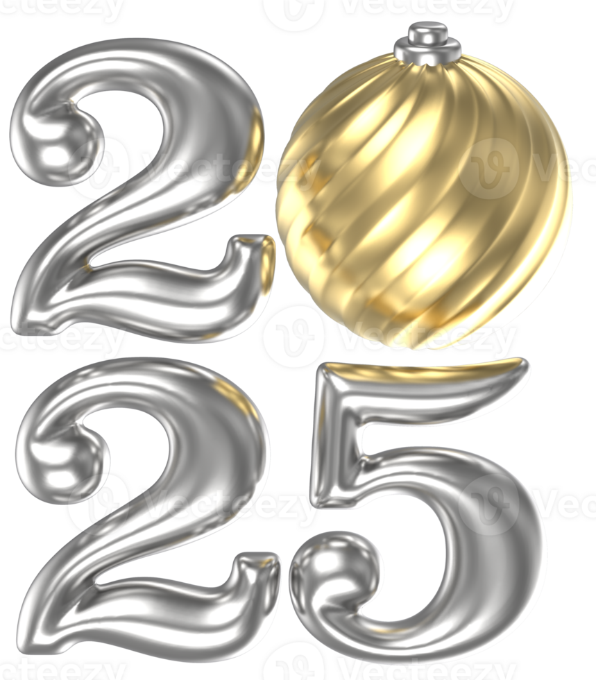 Happy New Year Number 2025 3d Render Gold With Silver Ball 53820059 Png