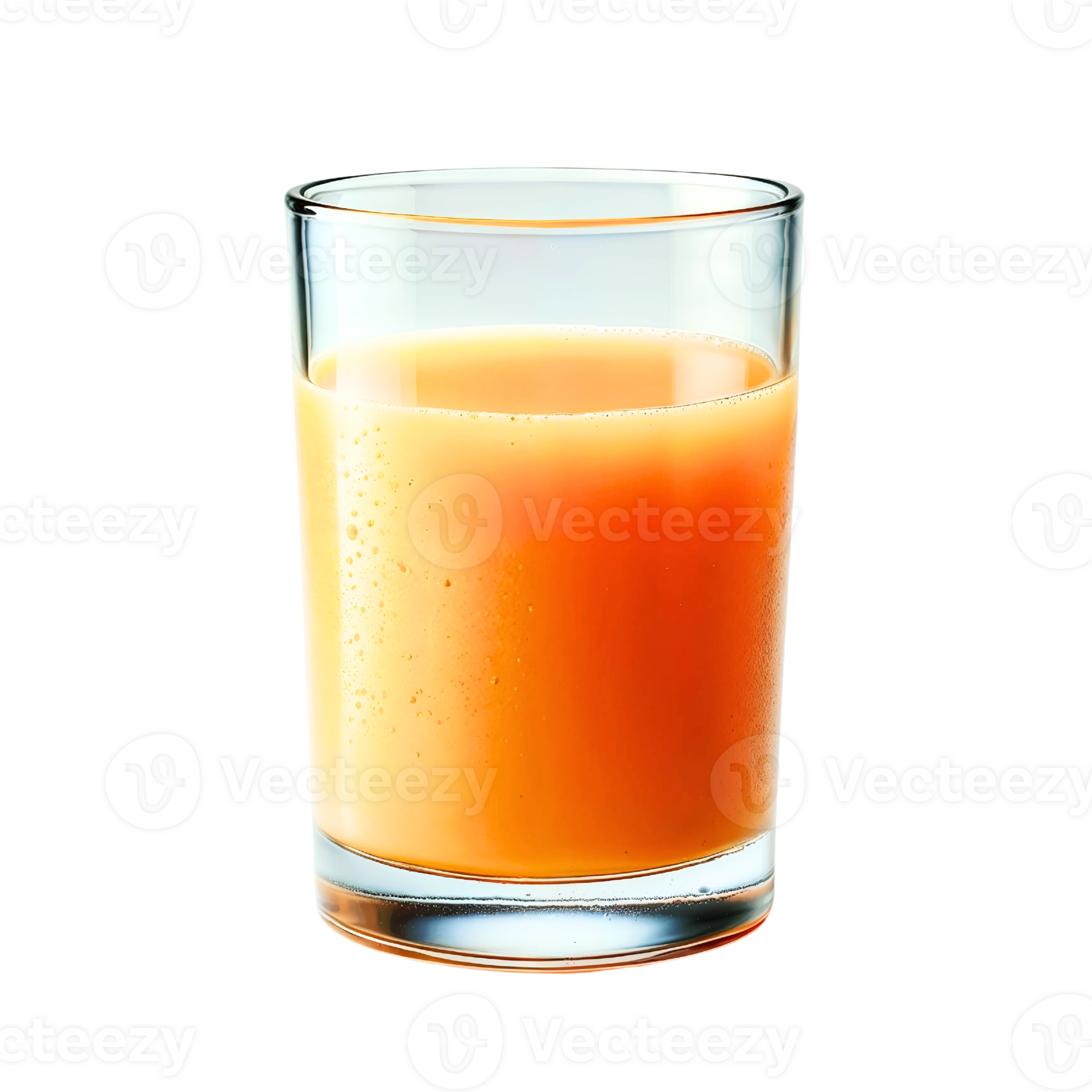 Glass of fresh orange juice with condensation isolated on white or transparent background ...