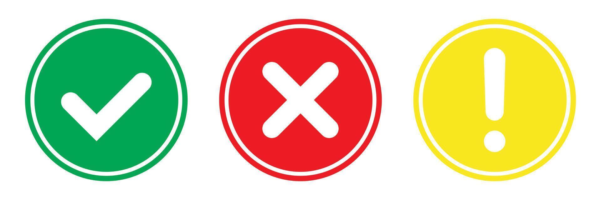 Right and wrong symbol, Exclamation mark sign. Set of flat round check mark, X mark icons ...