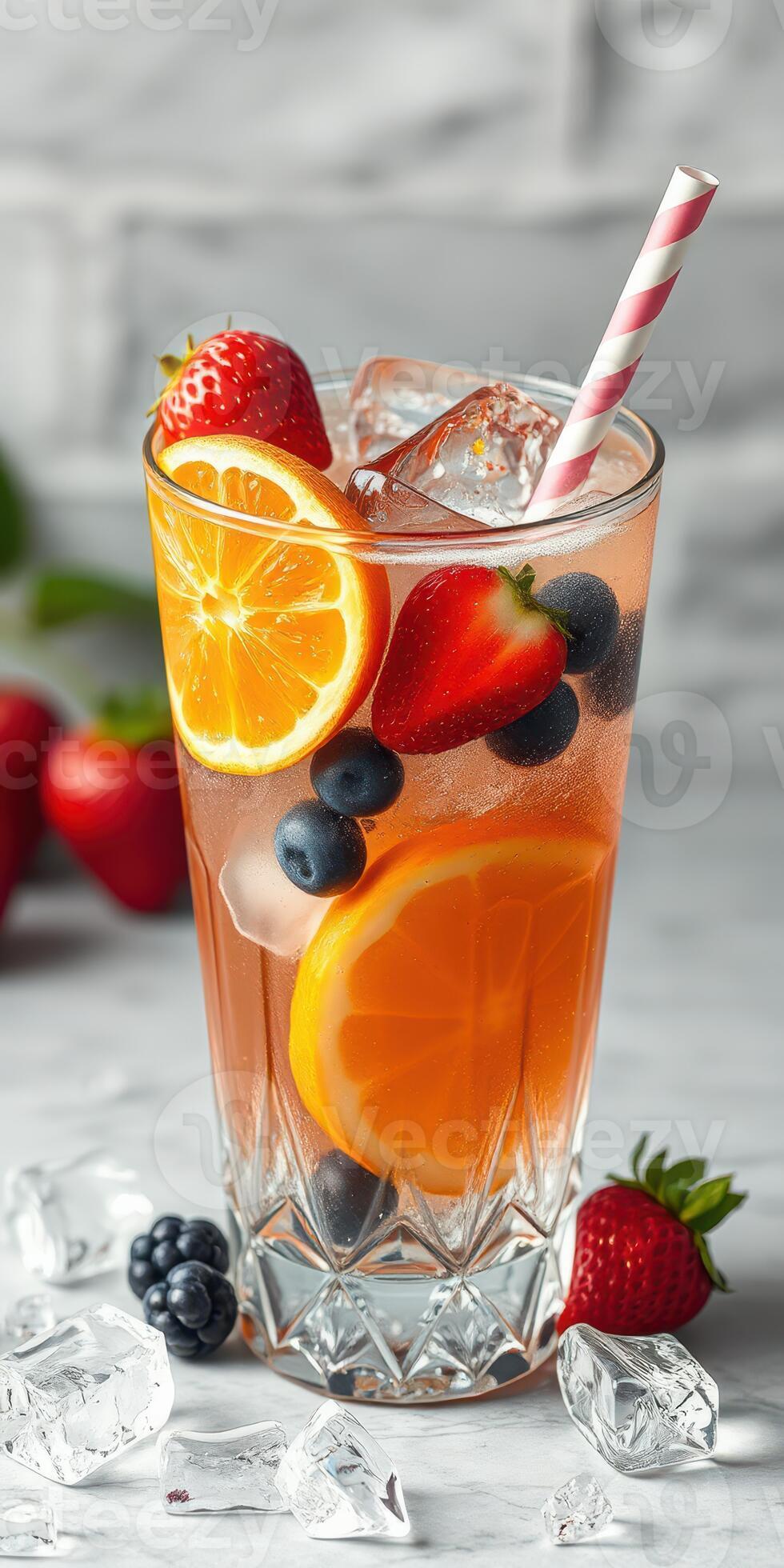 Refreshing summer drink with fresh fruits, ice, and a straw in a clear glass on a marble ...
