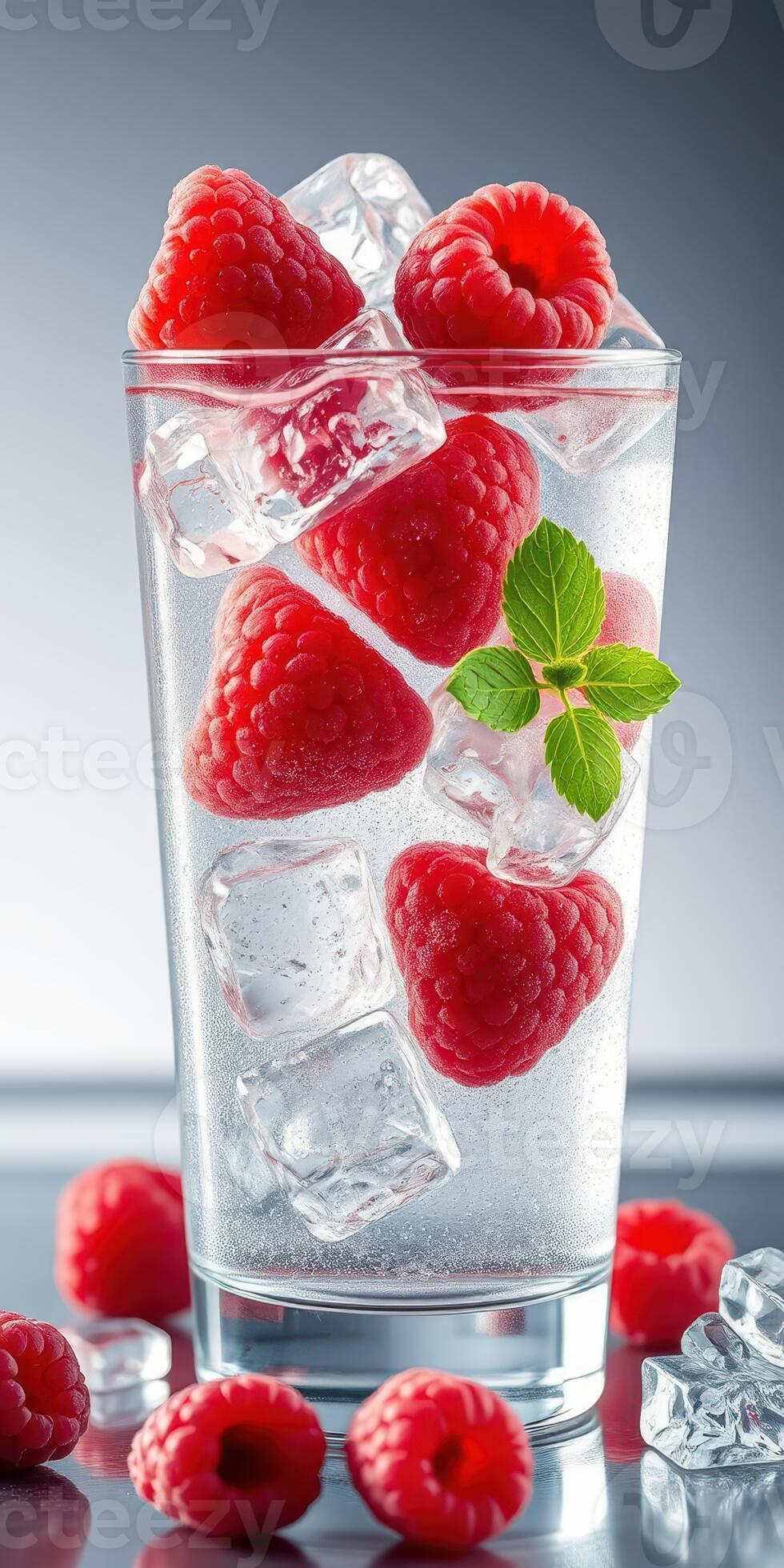 Refreshing raspberry beverage with ice and mint leaves in a clear glass on a dark background ...