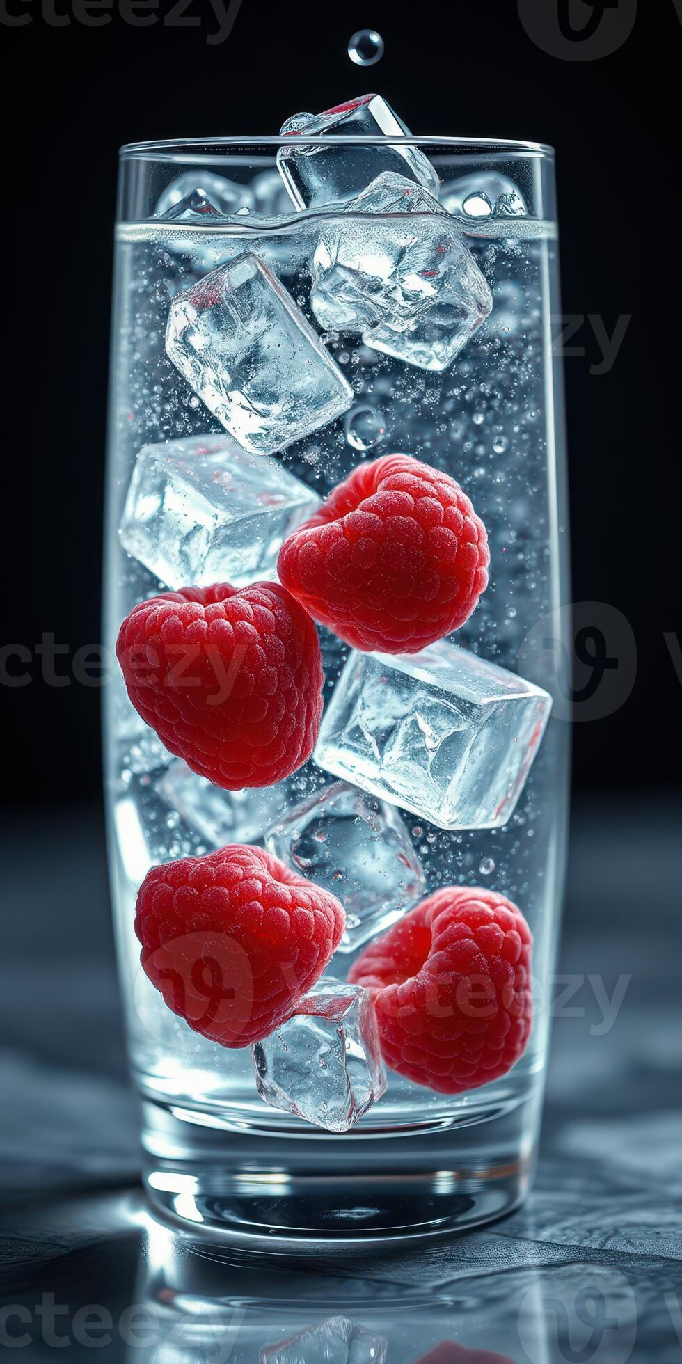 Bubbles rise in sparkling water with fresh raspberries and ice cubes floating in a glass ...
