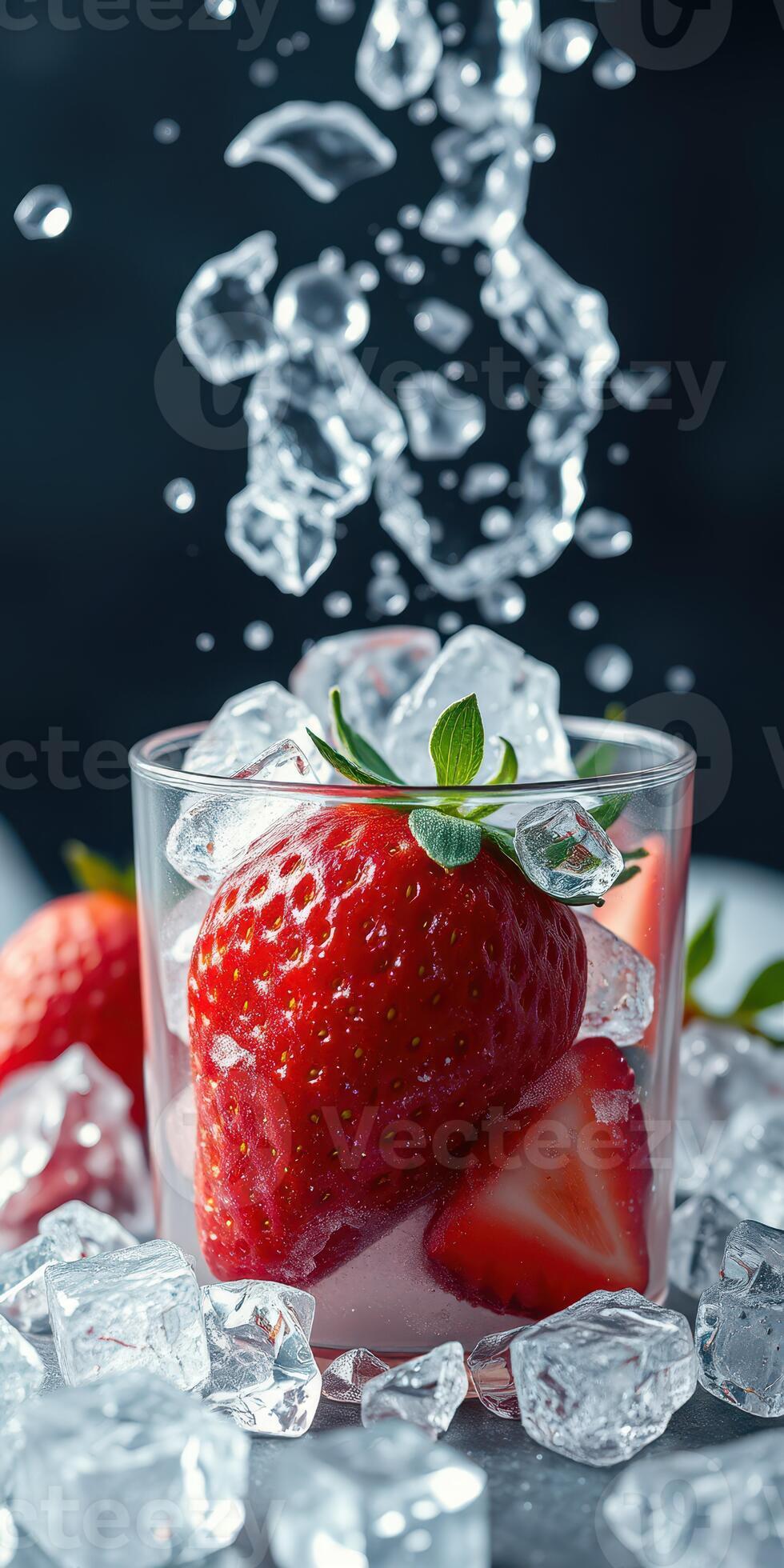 Refreshing strawberries and ice sparkling in a clear glass with droplets of water during a ...