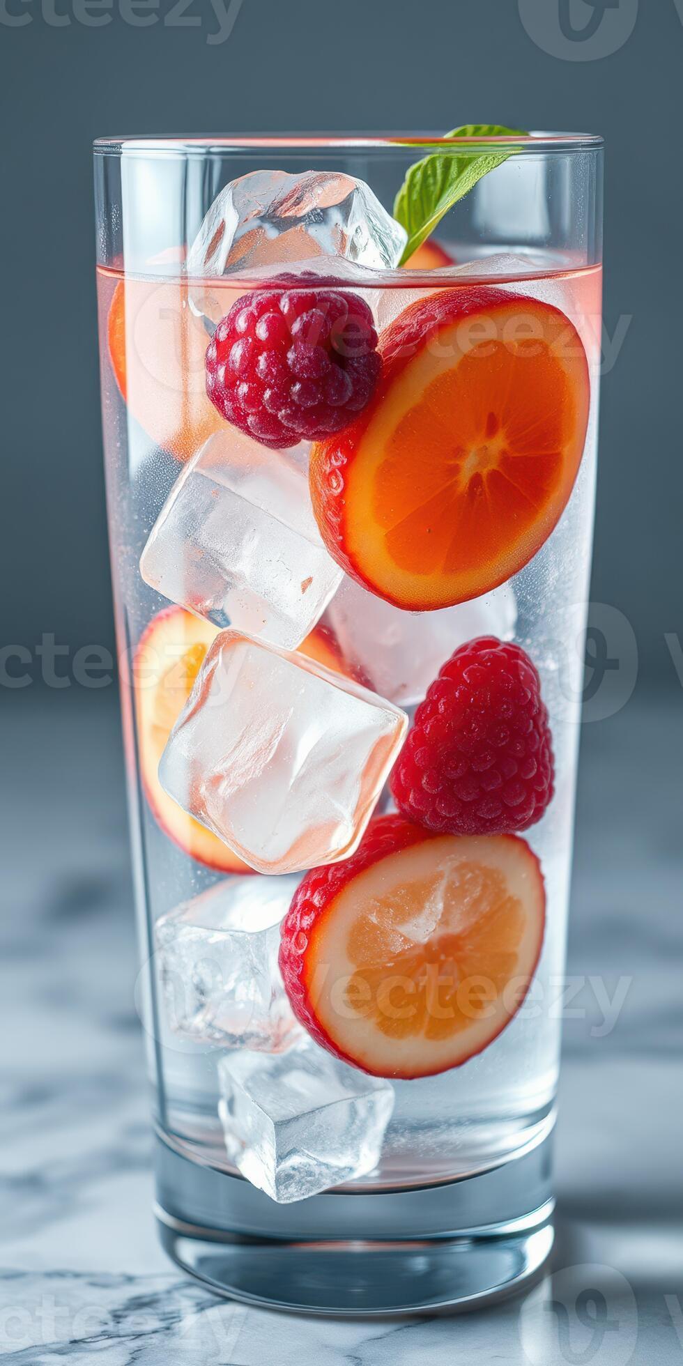 Refreshing summer beverage with citrus fruits and berries served in a tall glass with ice ...