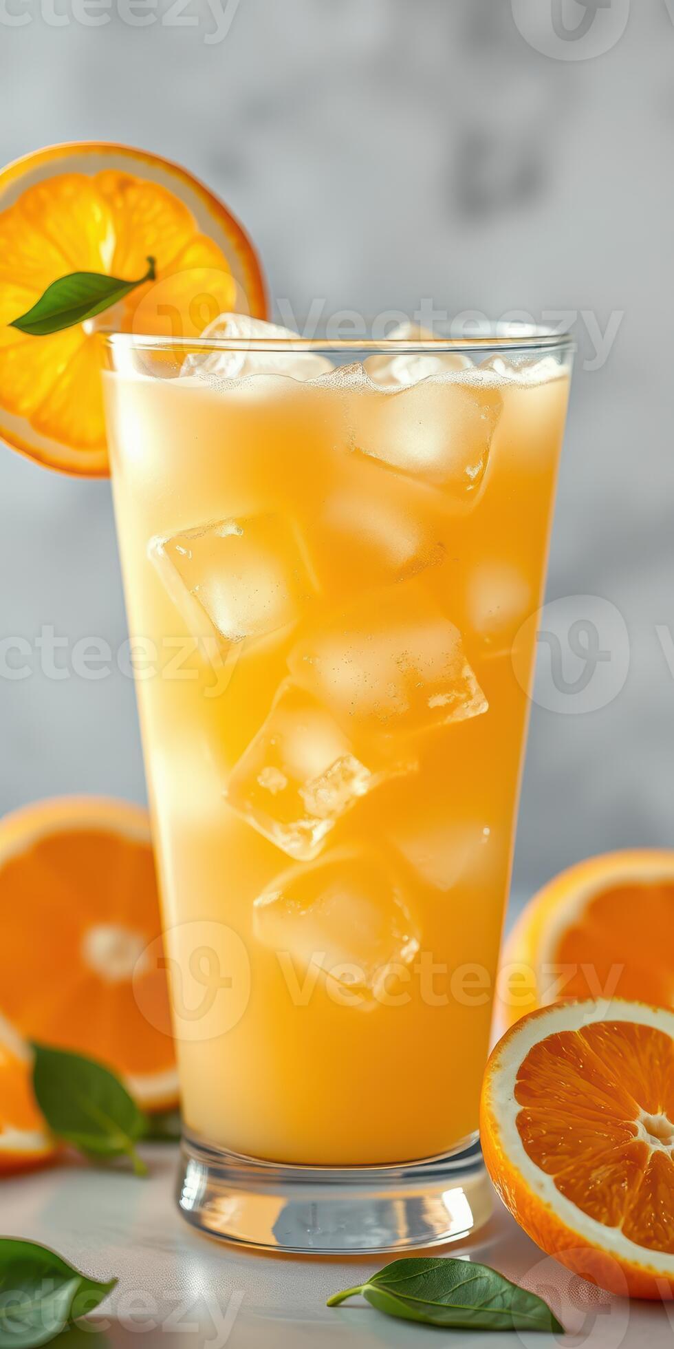 Refreshing orange drink garnished with citrus slices on a marble countertop during a sunny ...