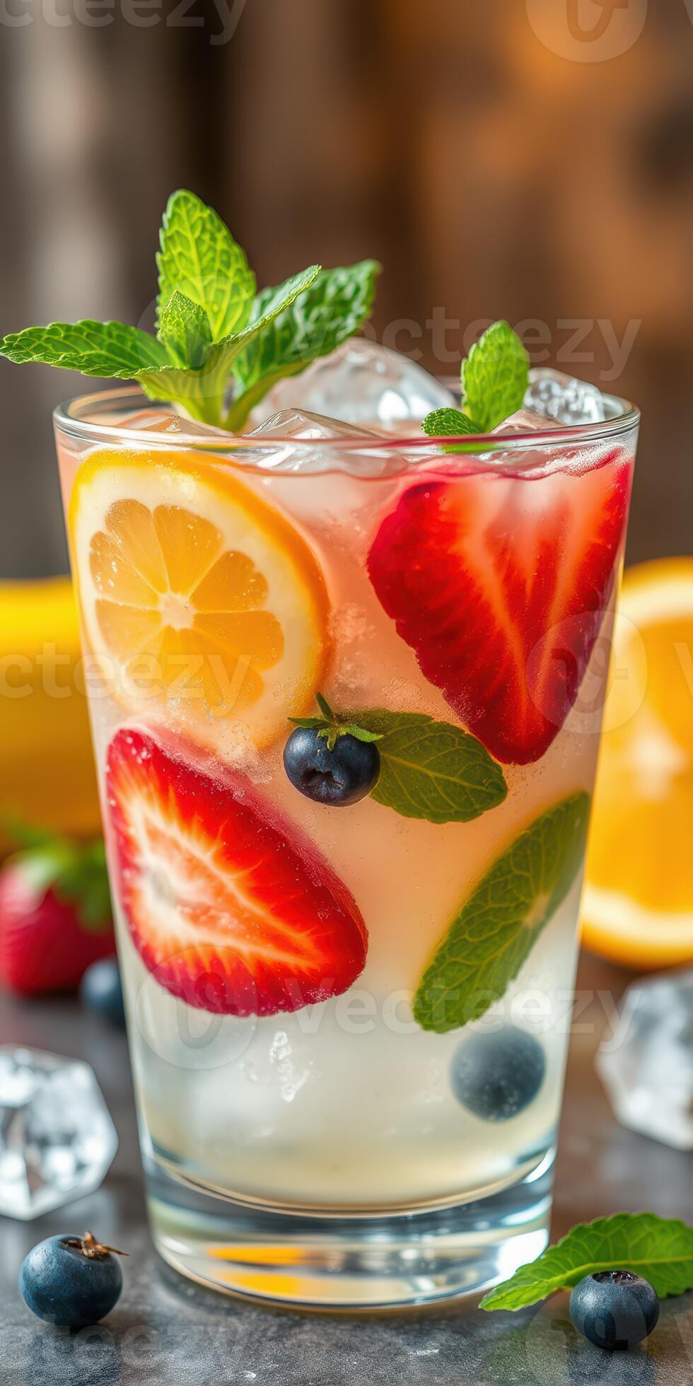 Refreshing summer cocktail with strawberries, blueberries, and citrus garnishes in a clear glass ...