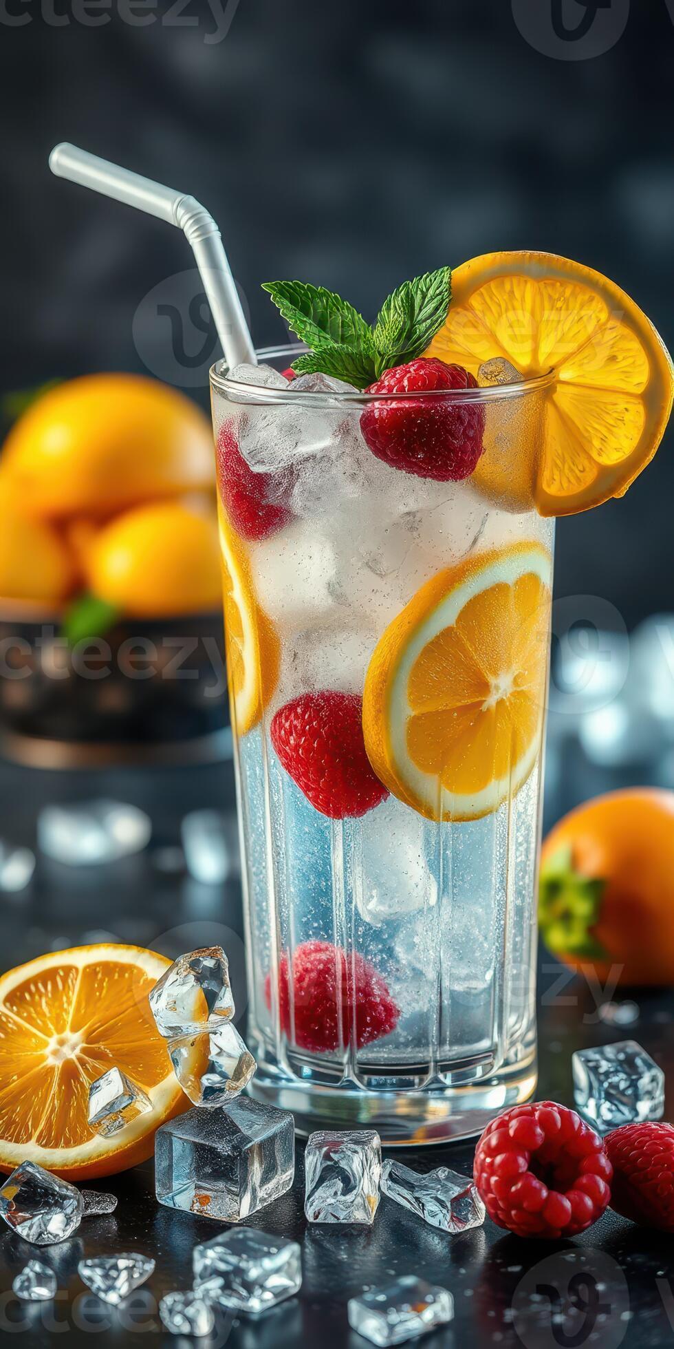Refreshing citrus drink with raspberries and ice presented elegantly on a dark background ...