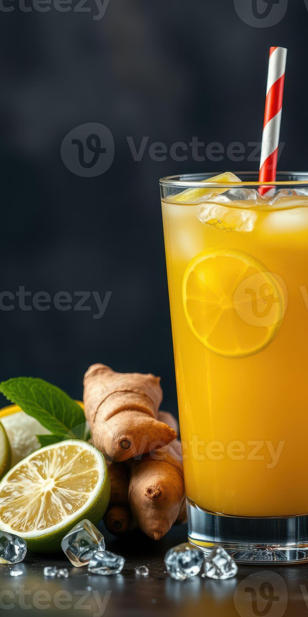 Refreshing citrus drink featuring ginger, lime, and lemon served with ice and striped straw ...