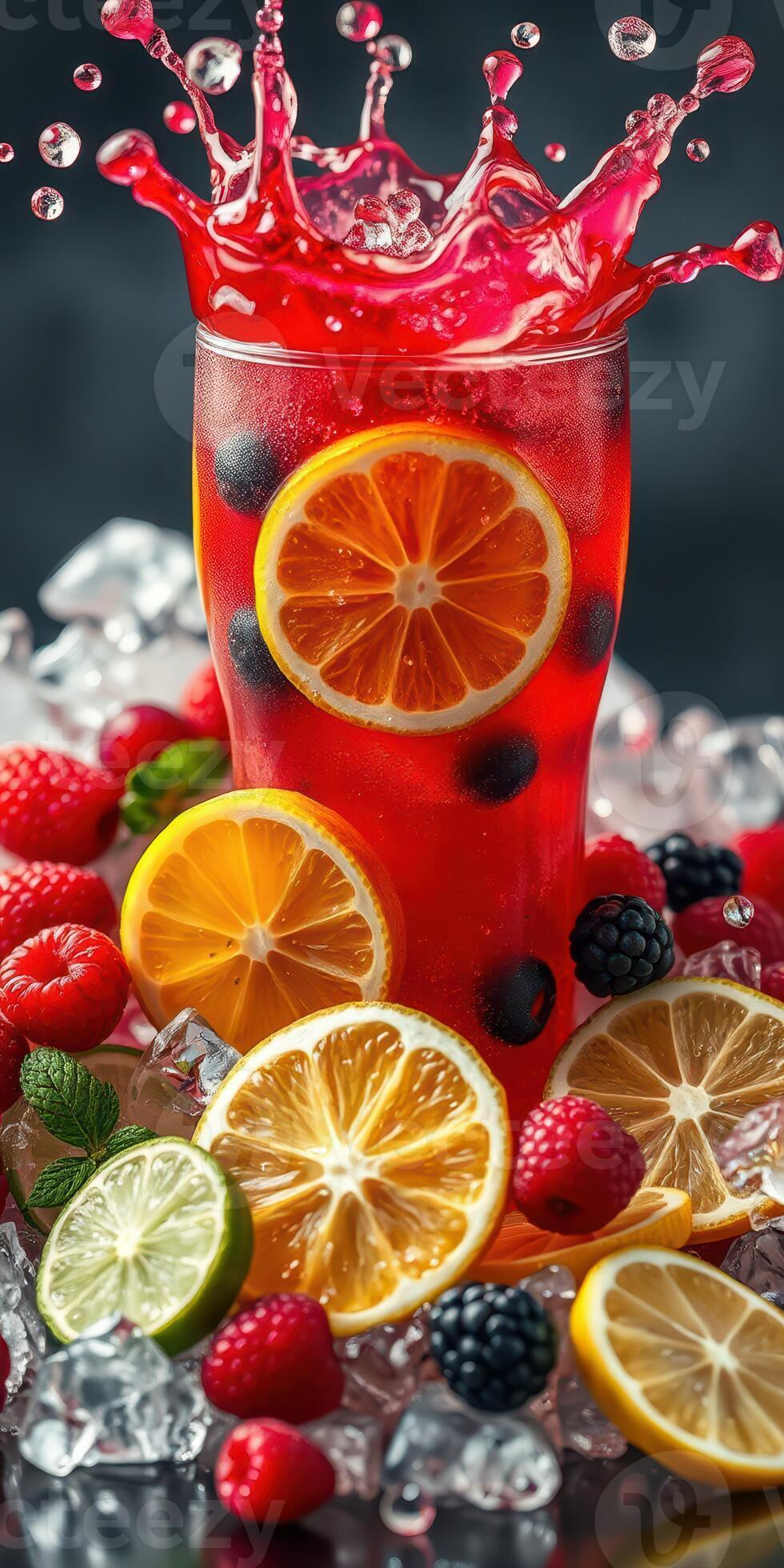 Refreshing summer beverage with citrus fruits and berries splashing in a glass filled with ice ...