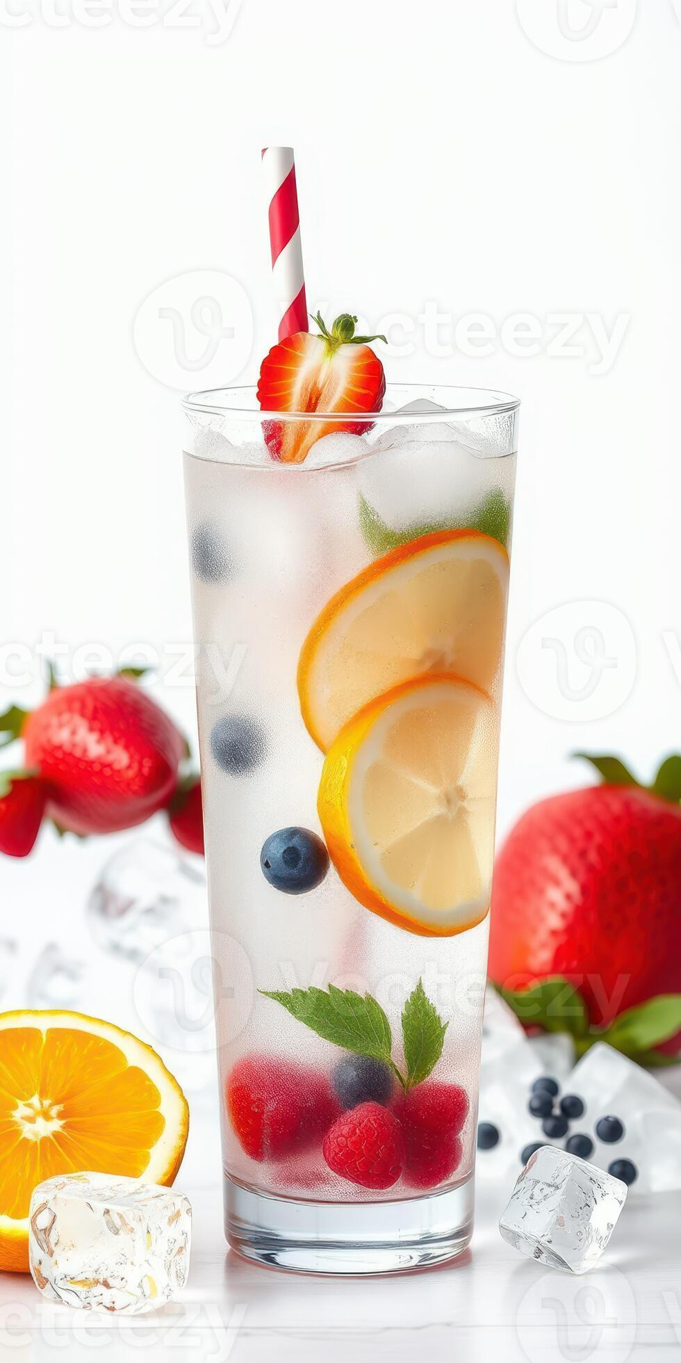 Refreshing summer beverage with fresh fruits and ice in a tall glass on a white background ...