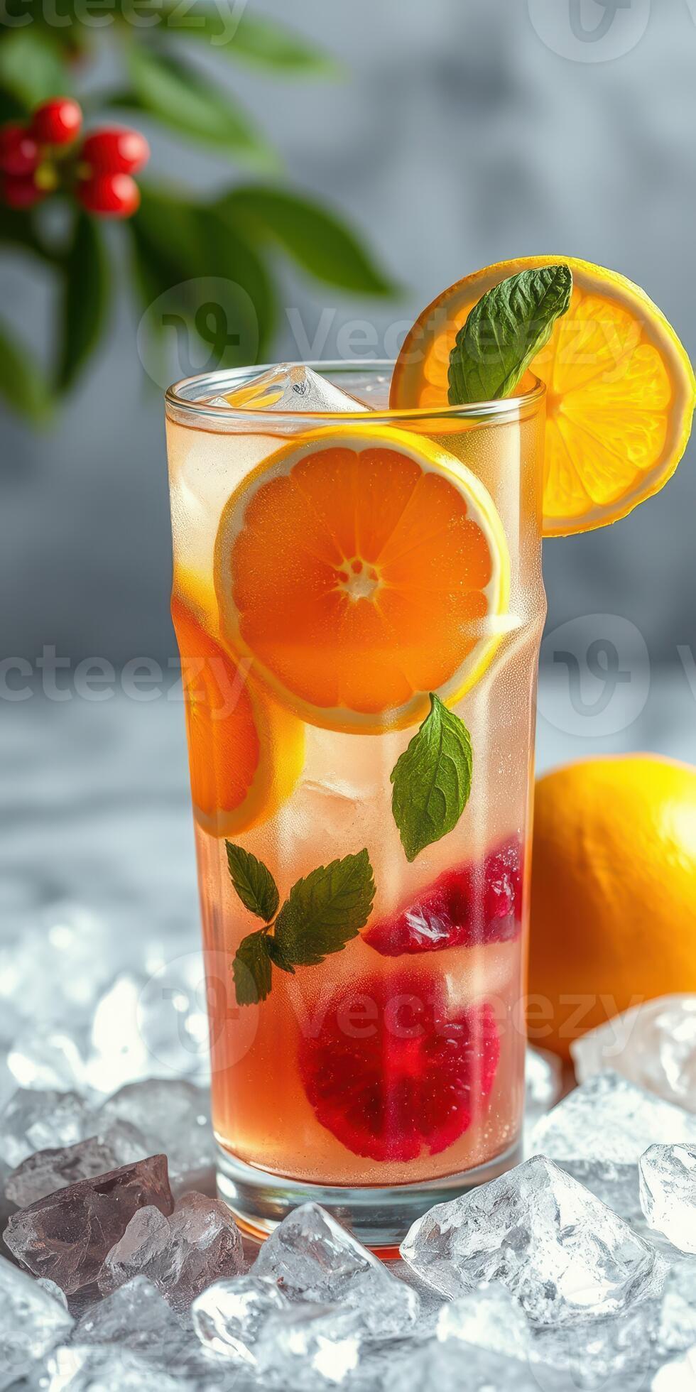 Refreshing fruit-infused drink on ice featuring citrus and mint garnishes during a summer ...