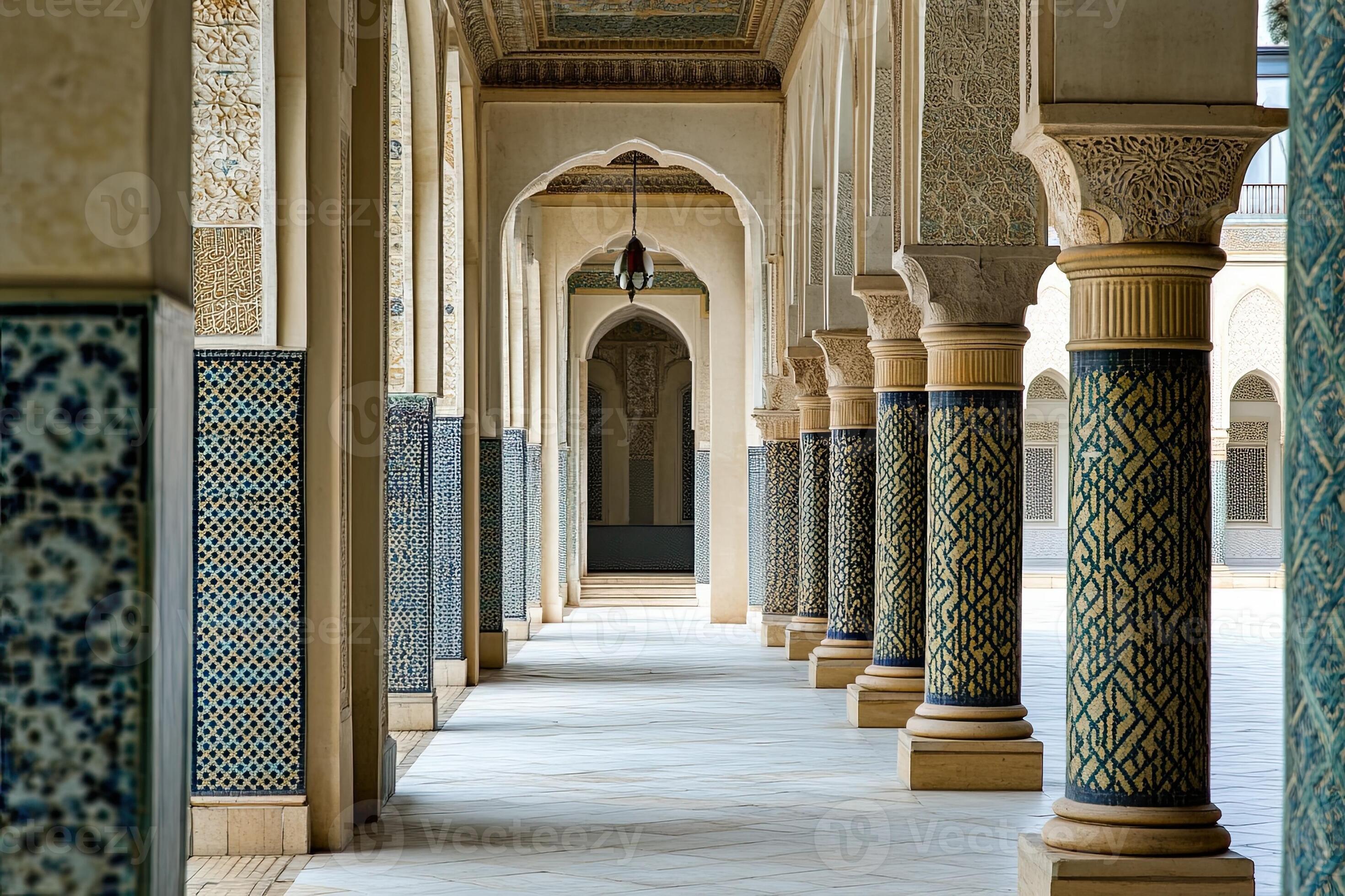 Ornate colonnade with intricate tilework and arches, leading to a tranquil courtyard. 53872678 ...